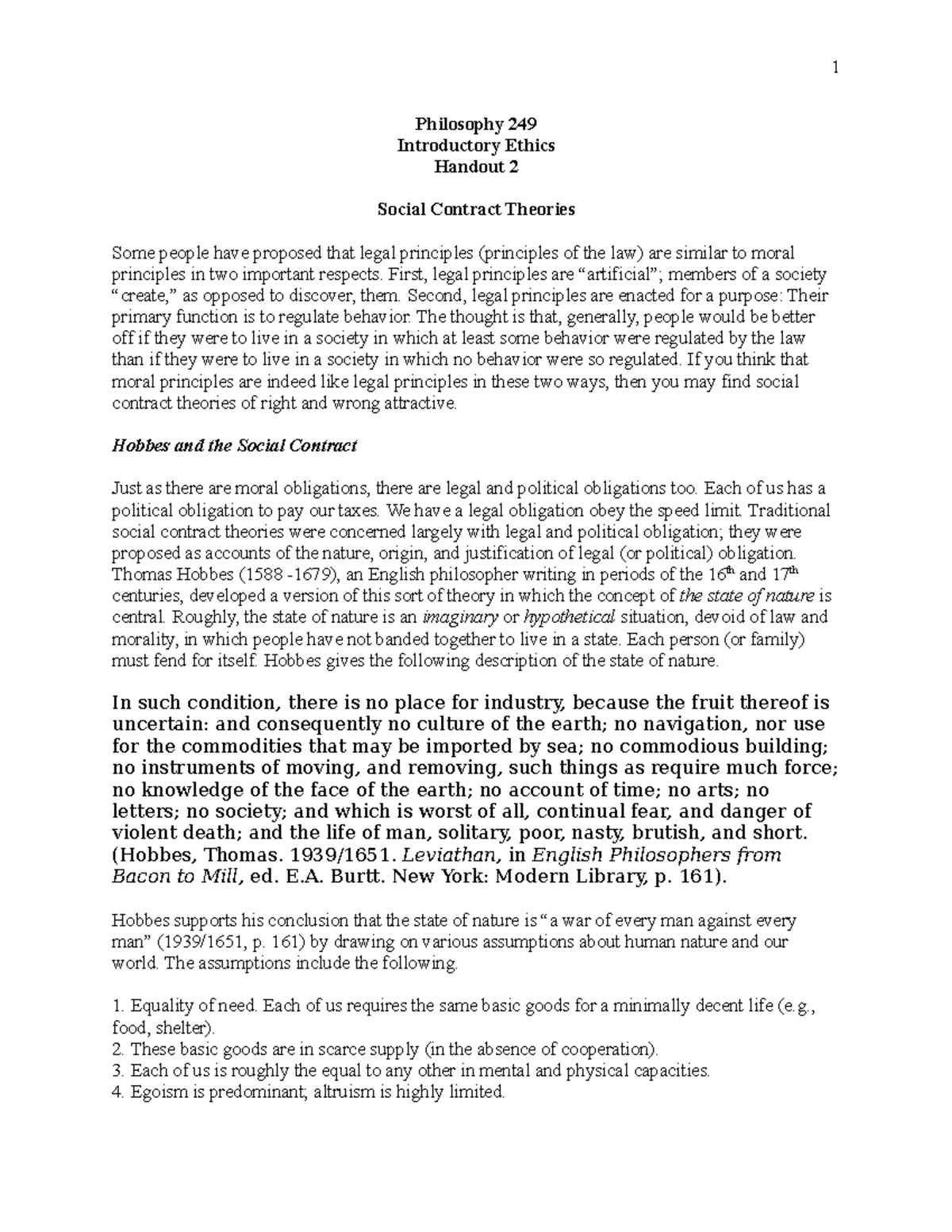 249 Handout 2 - Philosophy 249 Introductory Ethics Handout 2 Social ...