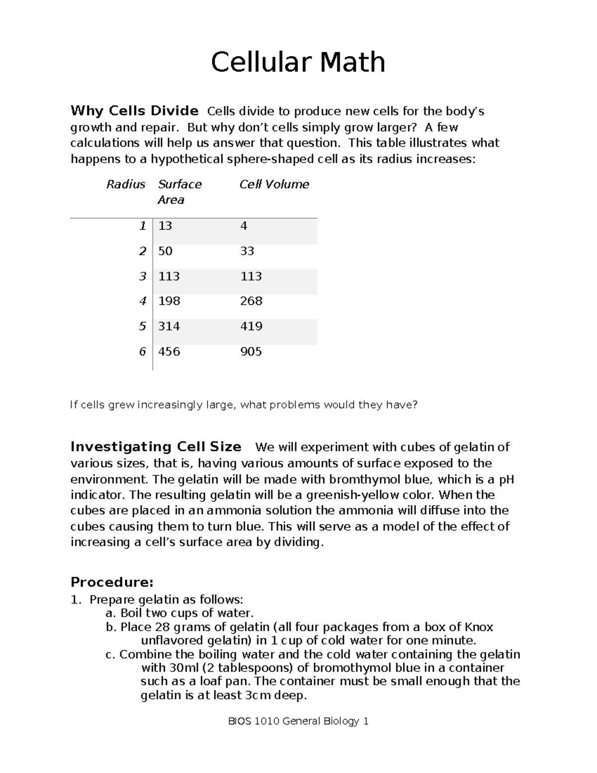 Module 1 Lab 2 Cellular Math - Cellular Math Why Cells Divide Cells ...