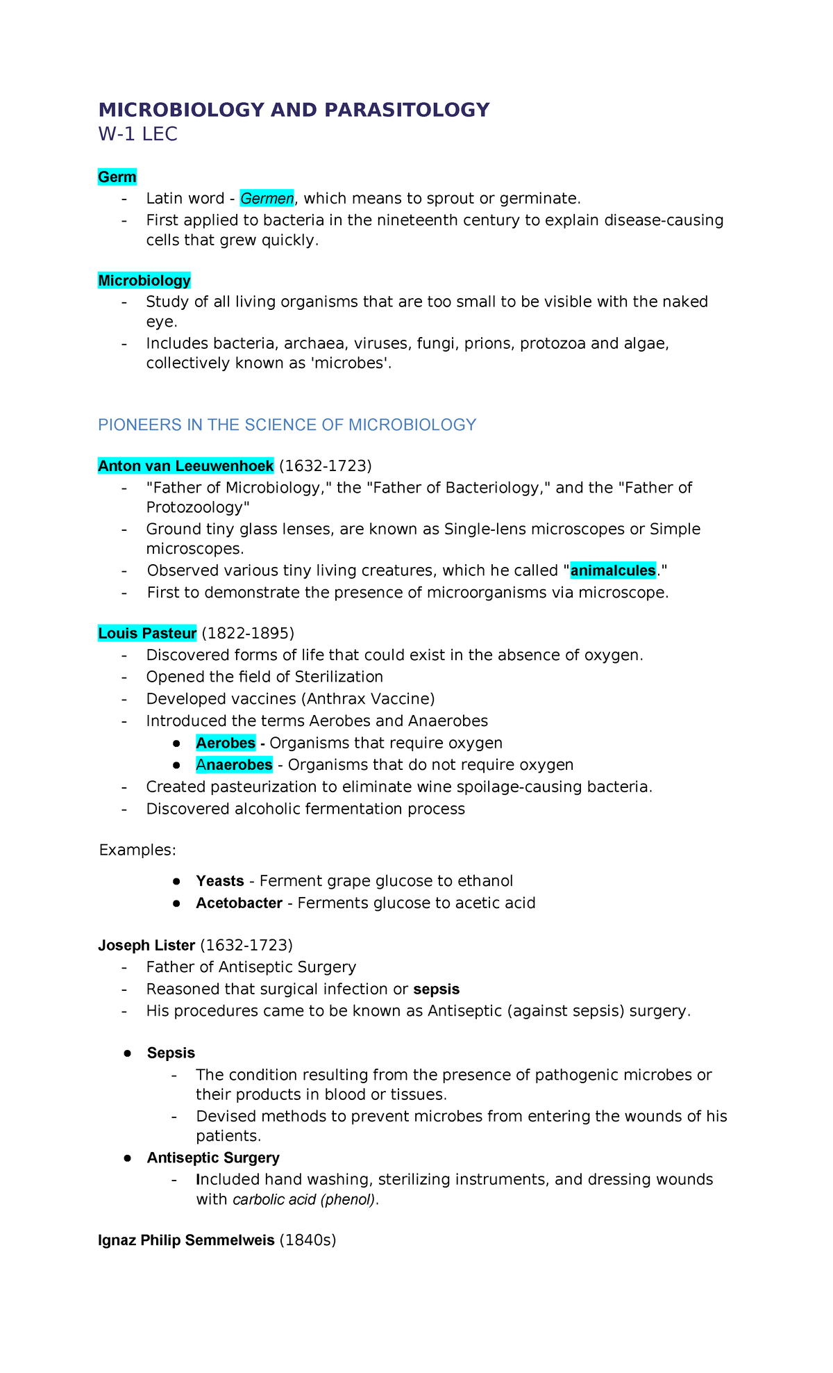 Microbiology AND Parasitology - MICROBIOLOGY AND PARASITOLOGY W-1 LEC ...