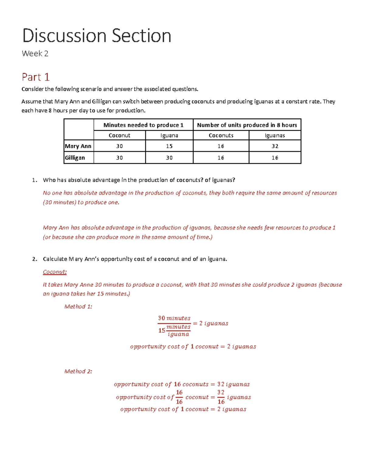 Week 2 solutions - Quiz question work and answers - Discussion Section ...