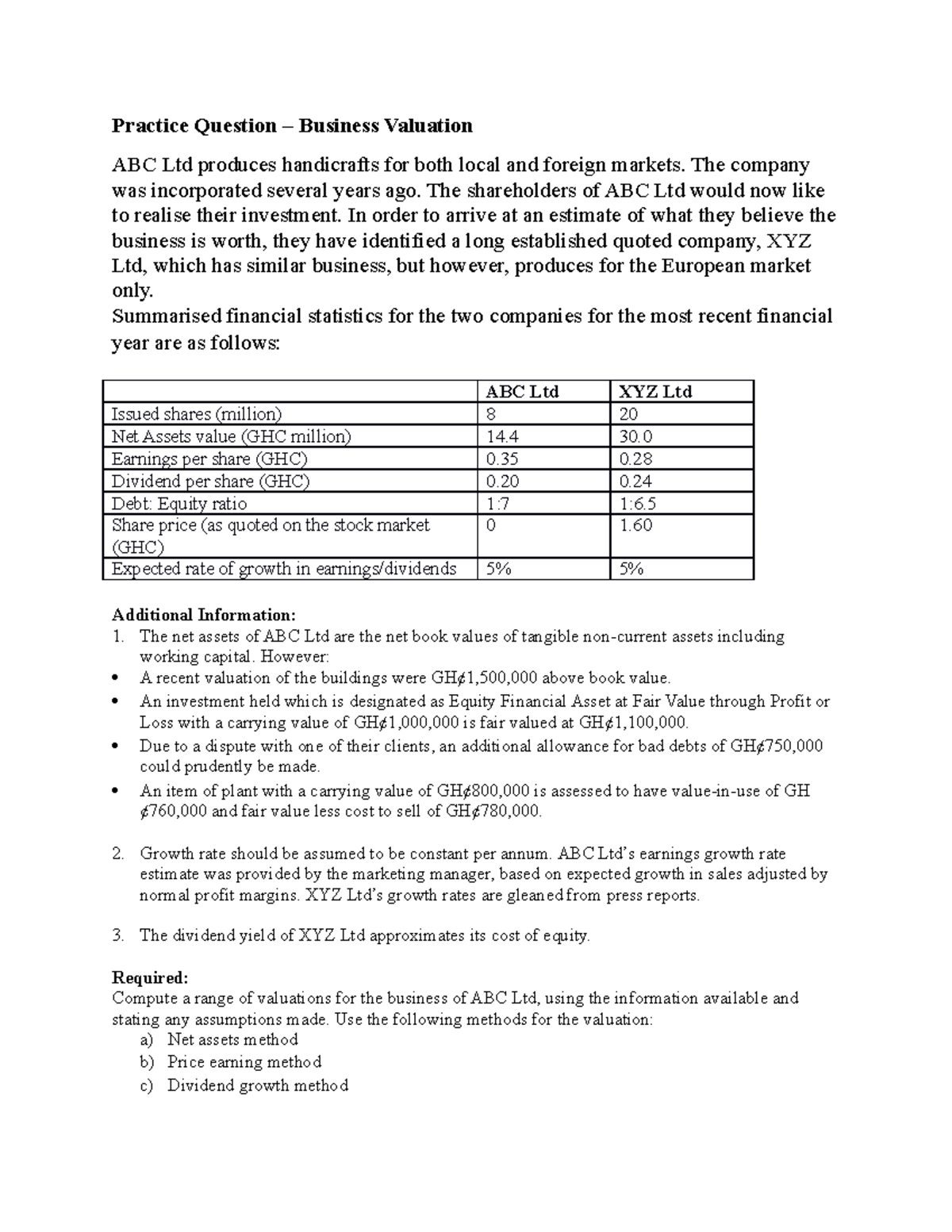 Practice Question Business Valuation - Practice Question – Business ...