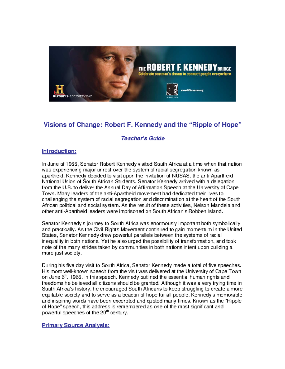 RFKRippleof Hope Study Guide - Visions of Change: Robert F. Kennedy and ...