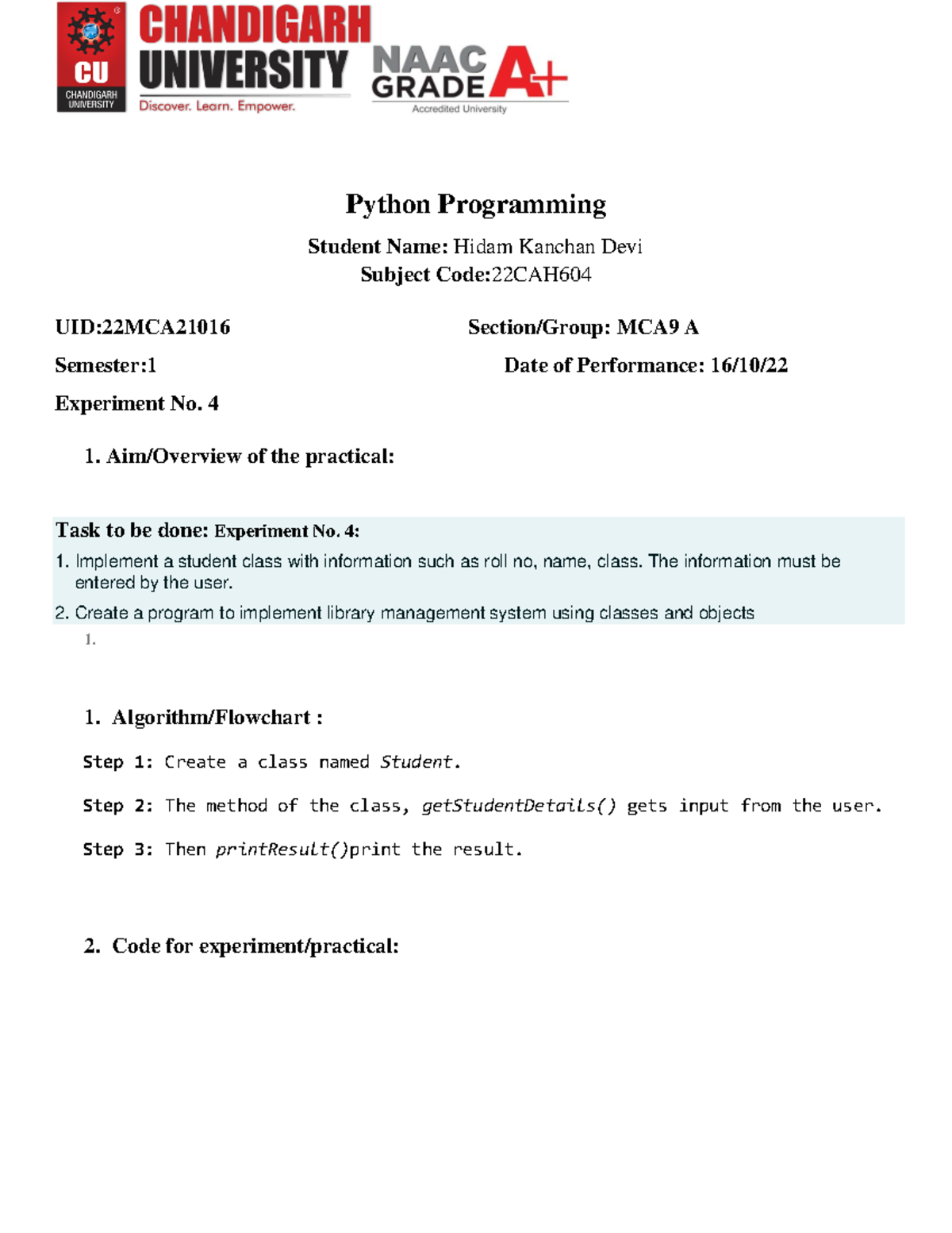 Worksheet 1 - Python Programming Student Name: Hidam Kanchan Devi Subject Code: 22CAH UID ...