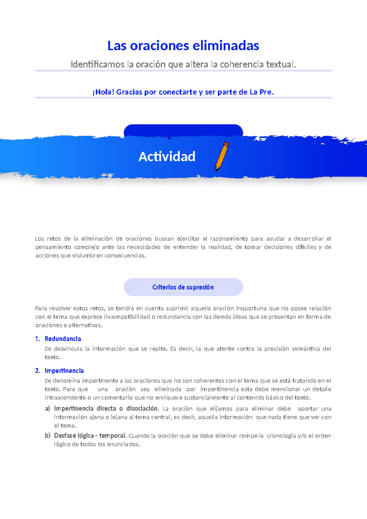 Eliminación DE Oraciones 2 - Las oraciones eliminadas Identificamos la ...