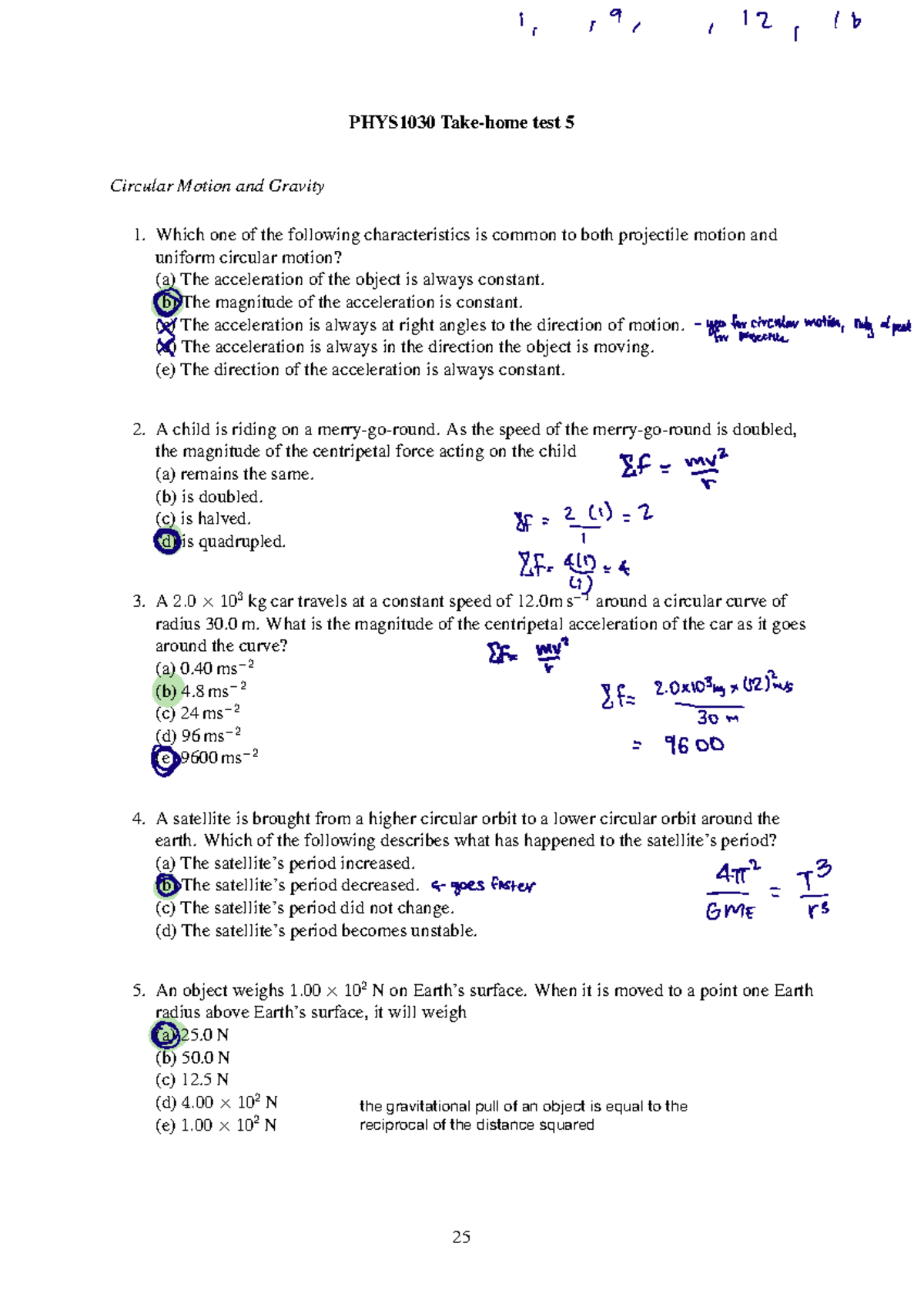 Tht wk 5 phys1030 - tht 5 - PHYS1030 Take-home test 5 Circular Motion ...