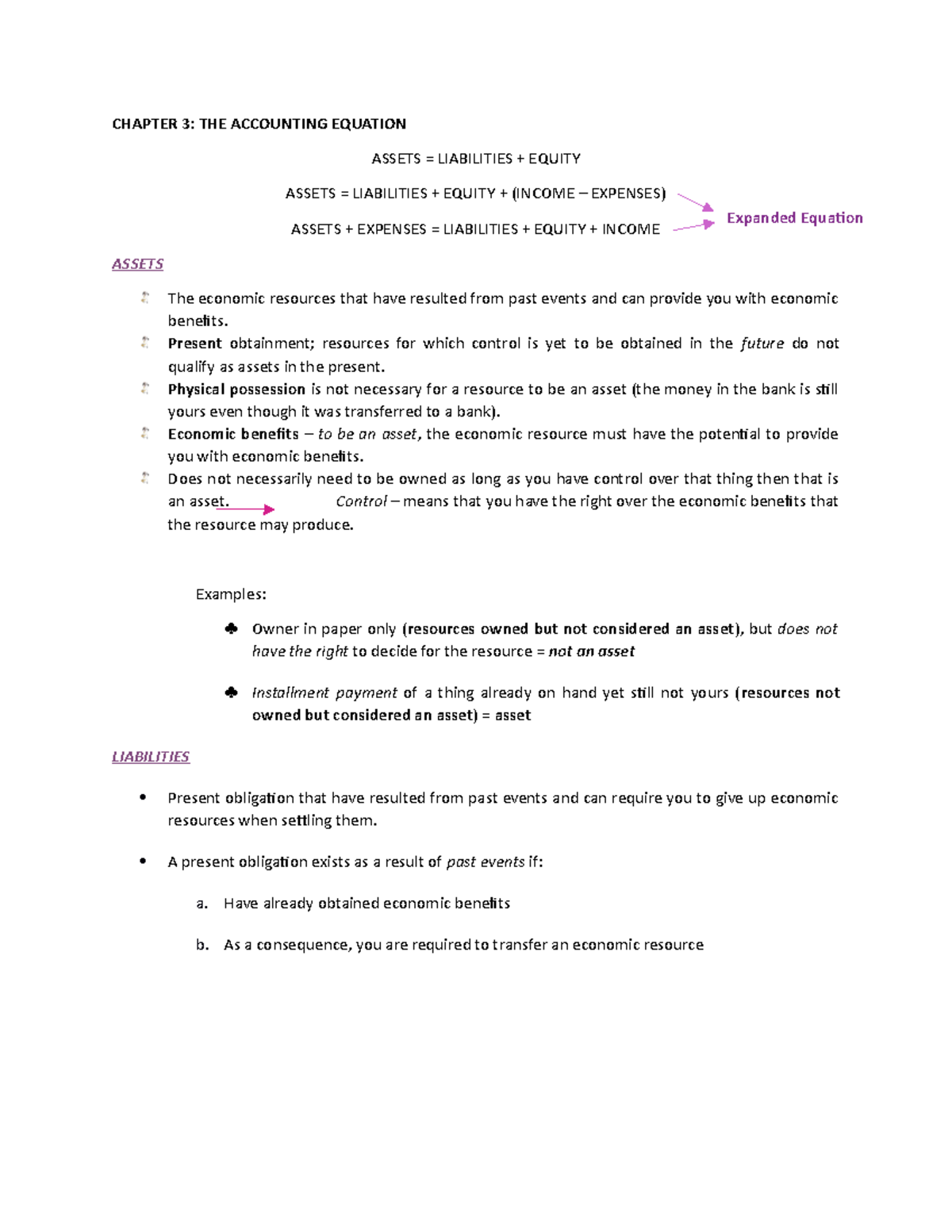 Chapter 3 - Lecture notes 3 - CHAPTER 3: THE ACCOUNTING EQUATION ASSETS ...