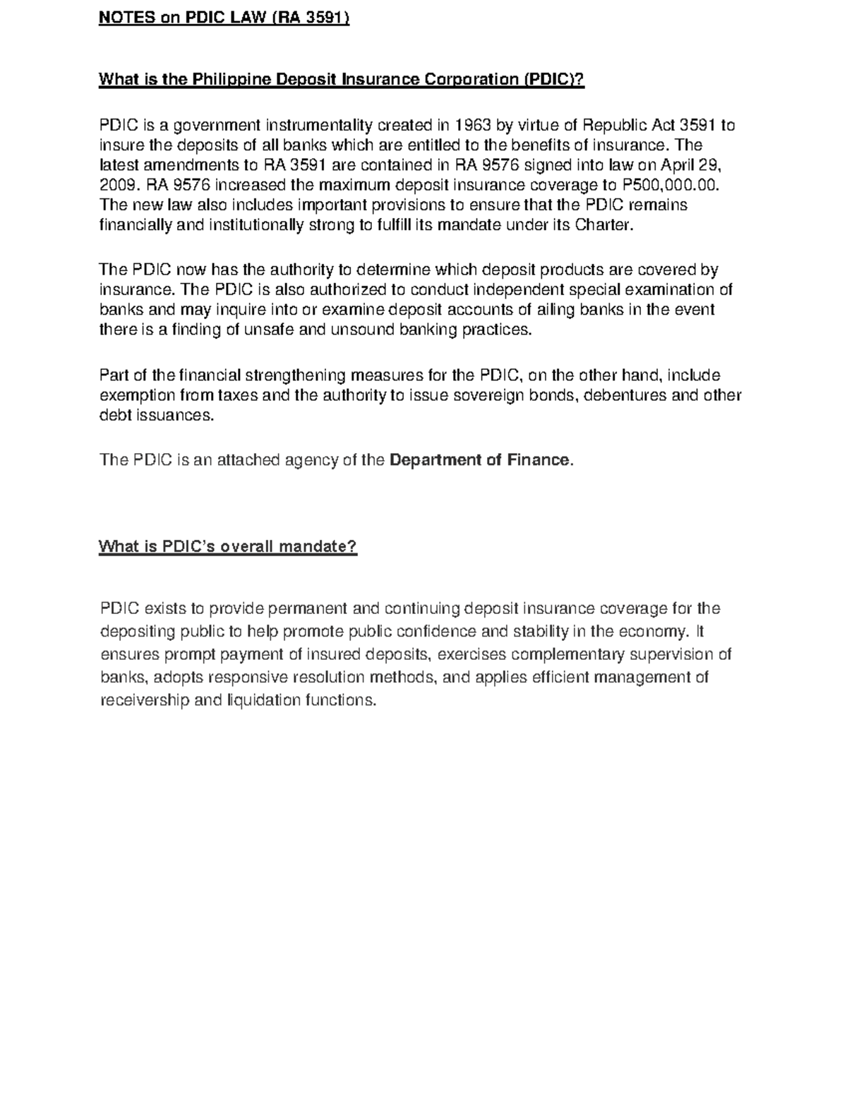 Notes on PDIC LAW RA 3195 2 - NOTES on PDIC LAW (RA 3591) What is the ...