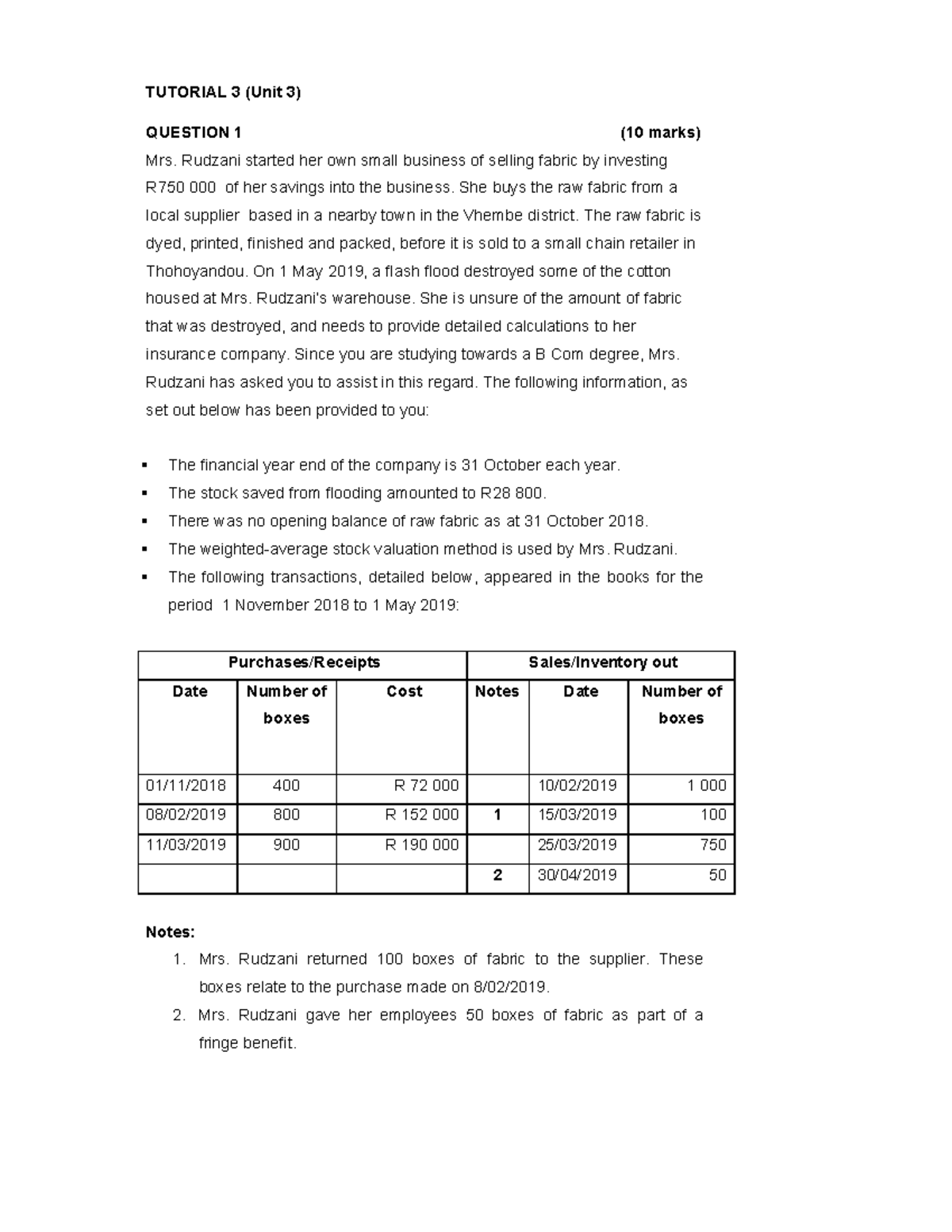 ACC 2542 Tutorial 3 (Unit 3) - TUTORIAL 3 (Unit 3) QUESTION 1 (10 marks ...