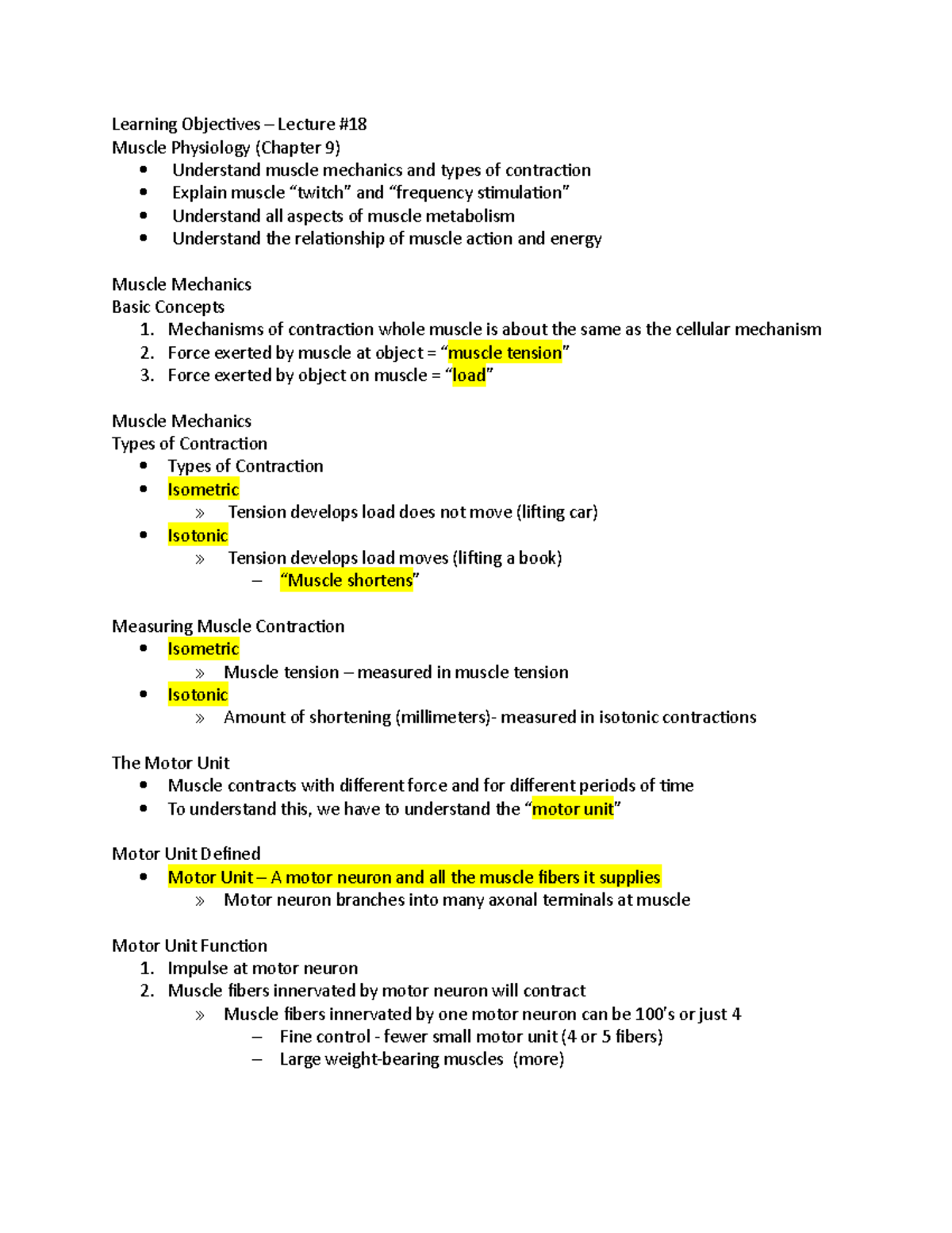 Lecture 18 - review - Learning Objectives – Lecture #18Muscle ...