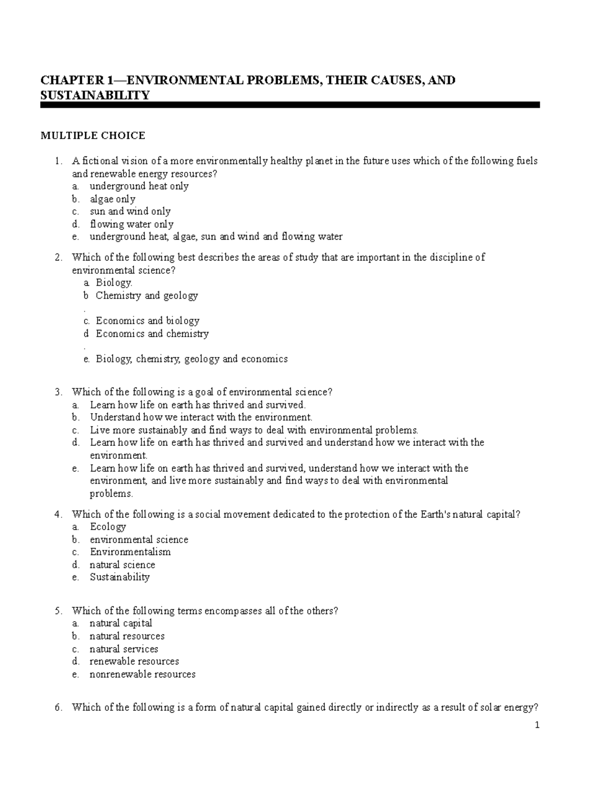 ES chapter 1 ex - this is a test - CHAPTER 1—ENVIRONMENTAL PROBLEMS ...