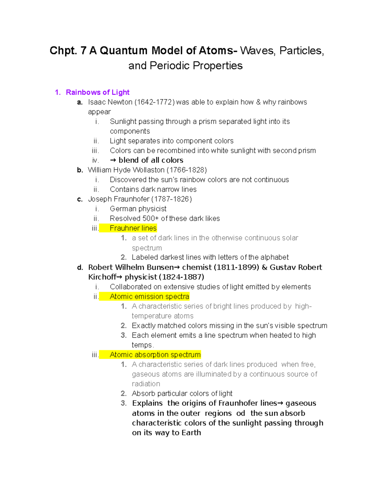 CHM 141 chpt. 7 notes - Chpt. 7 A Quantum Model of Atoms- Waves ...