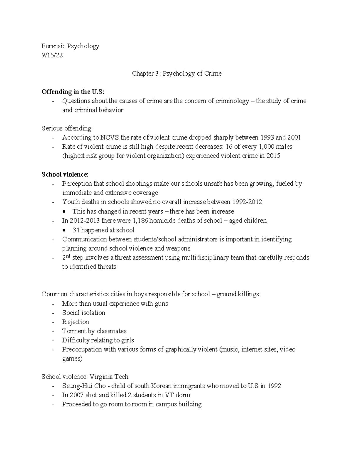 Forensic Psych notes 9-15 - Forensic Psychology 9/15/ Chapter 3 ...
