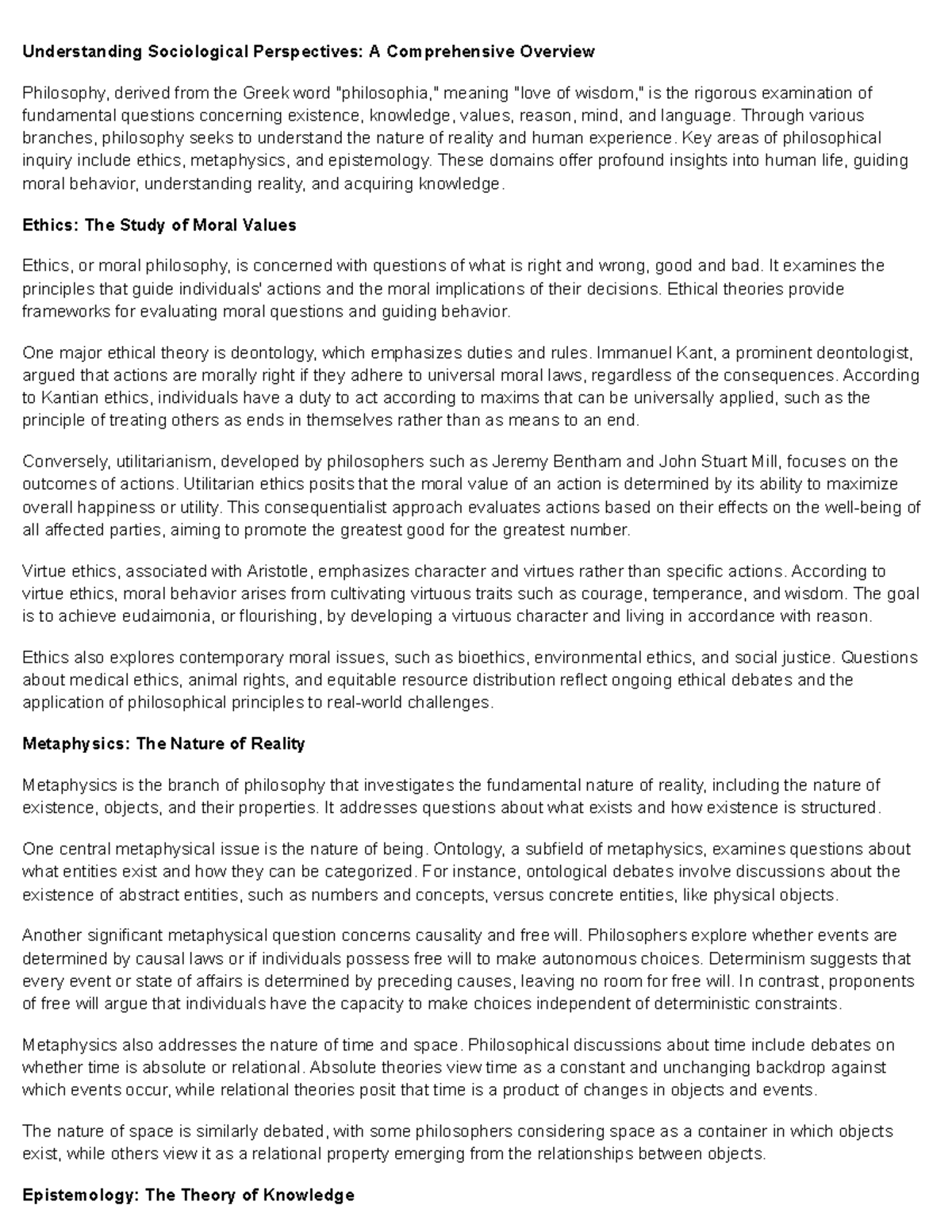 Exploring Philosophical Dimensions Ethics, Metaphysics, and ...