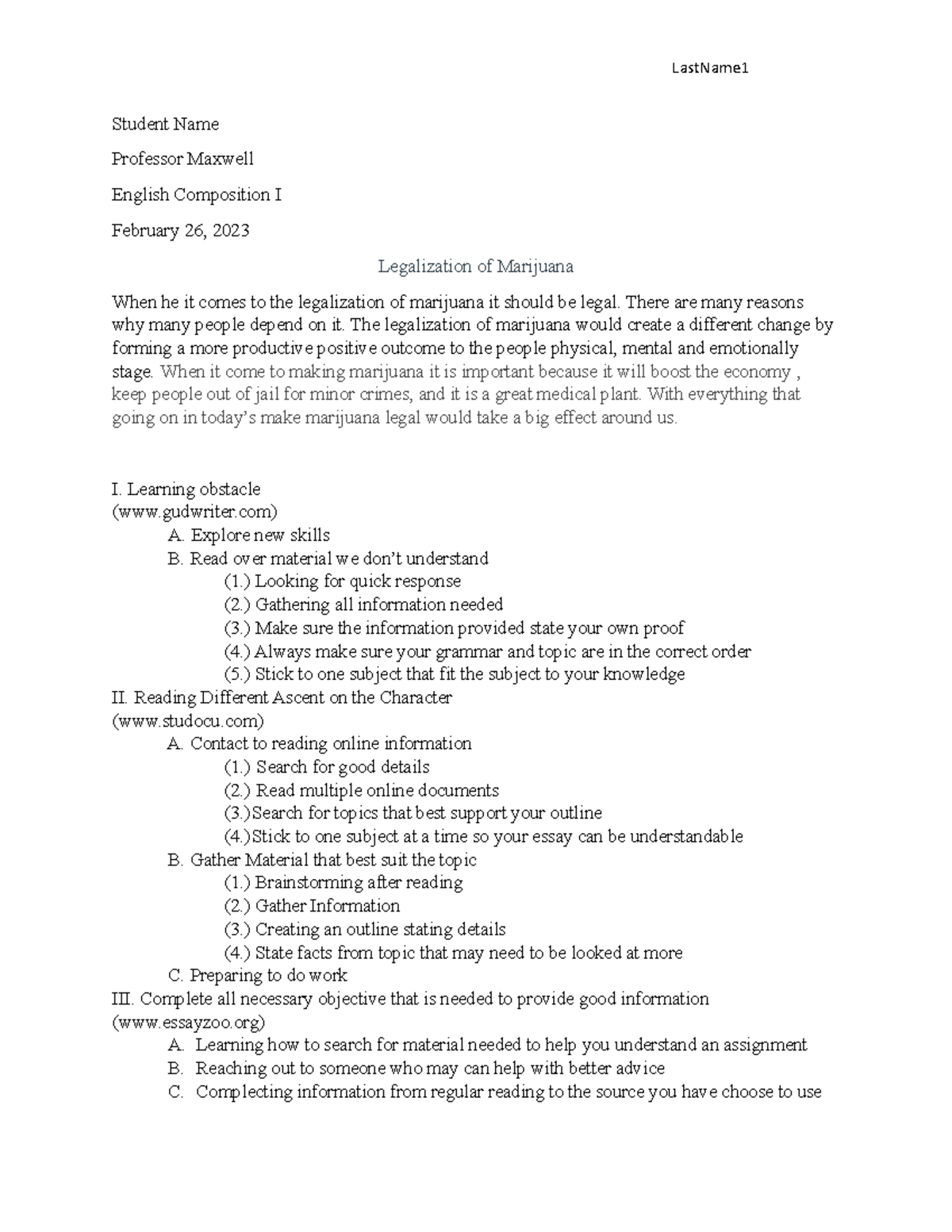 Argumentative Essay Outline - LastName Student Name Professor Maxwell ...