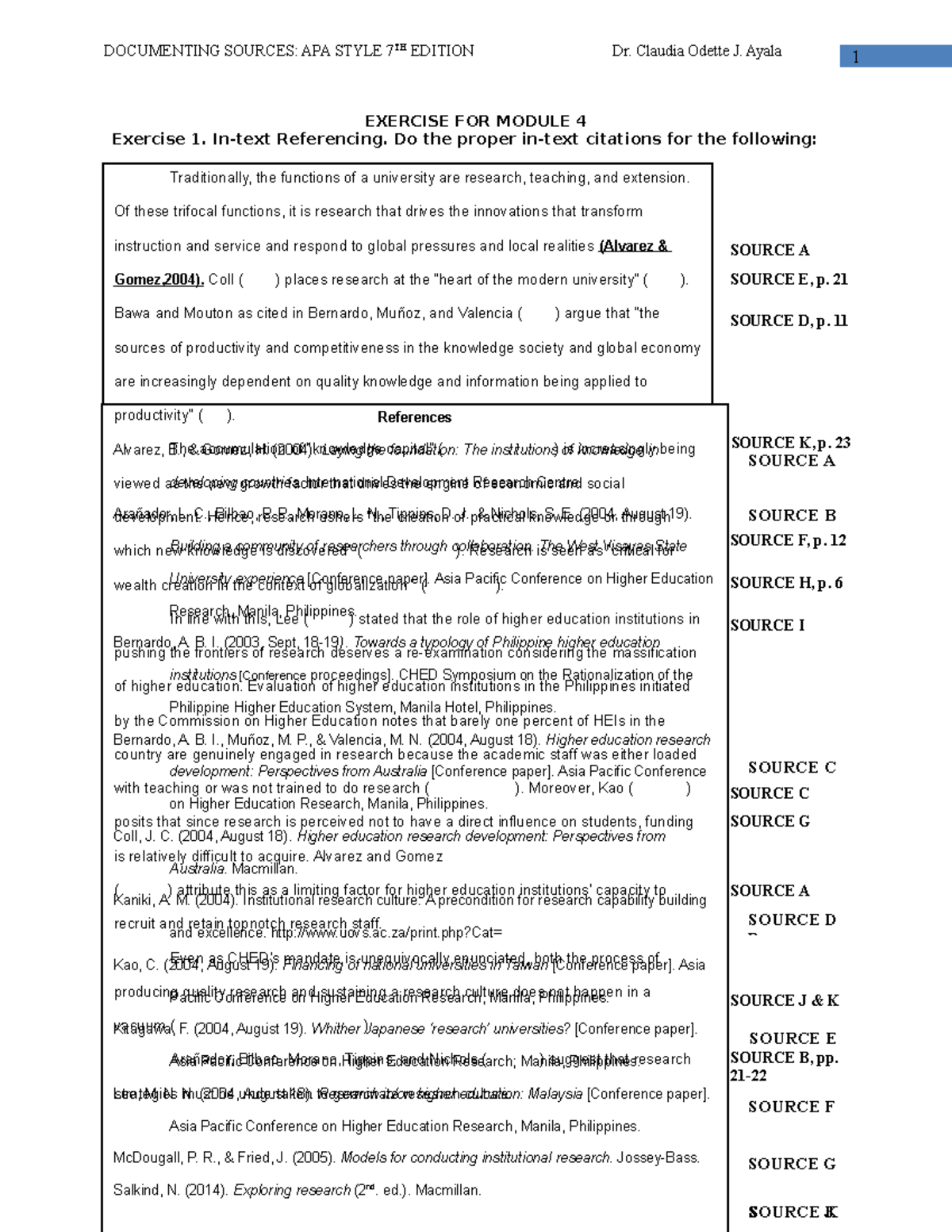 Exercise FOR Module 4 - Academic Writing - EXERCISE FOR MODULE 4 Exercise 1. In-text Referencing ...