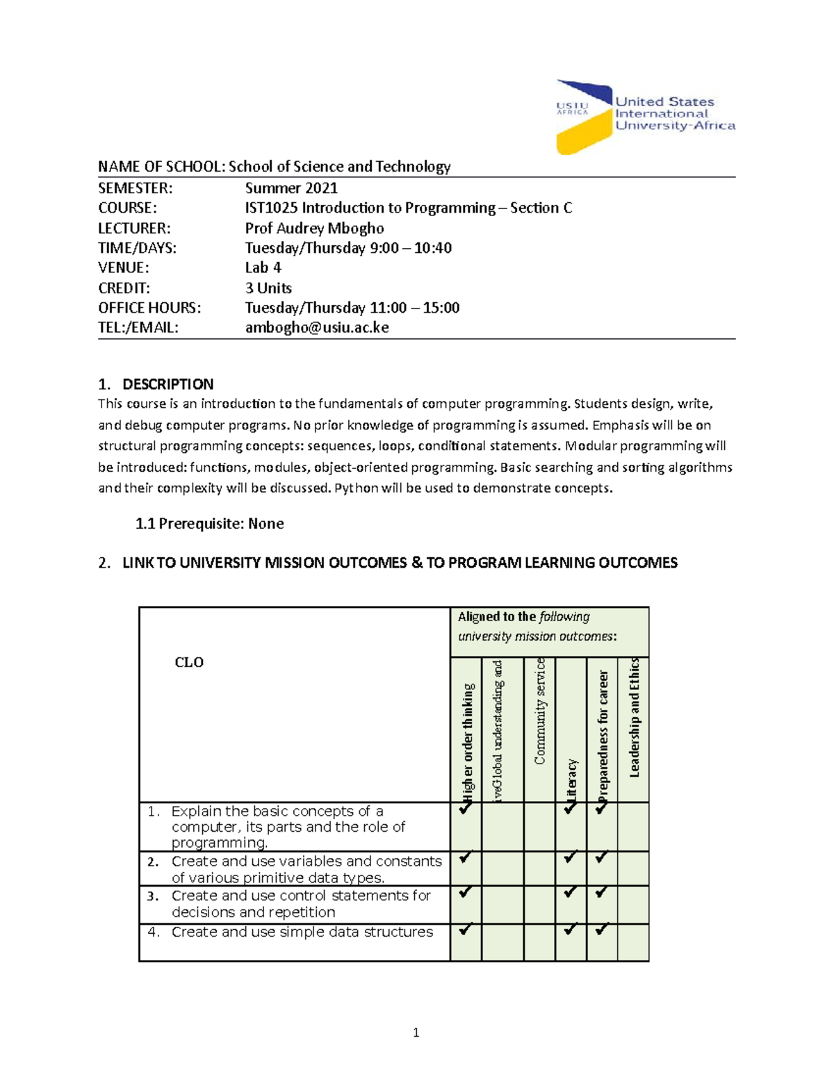 IST 1025 Course Outline - NAME OF SCHOOL: School of Science and ...