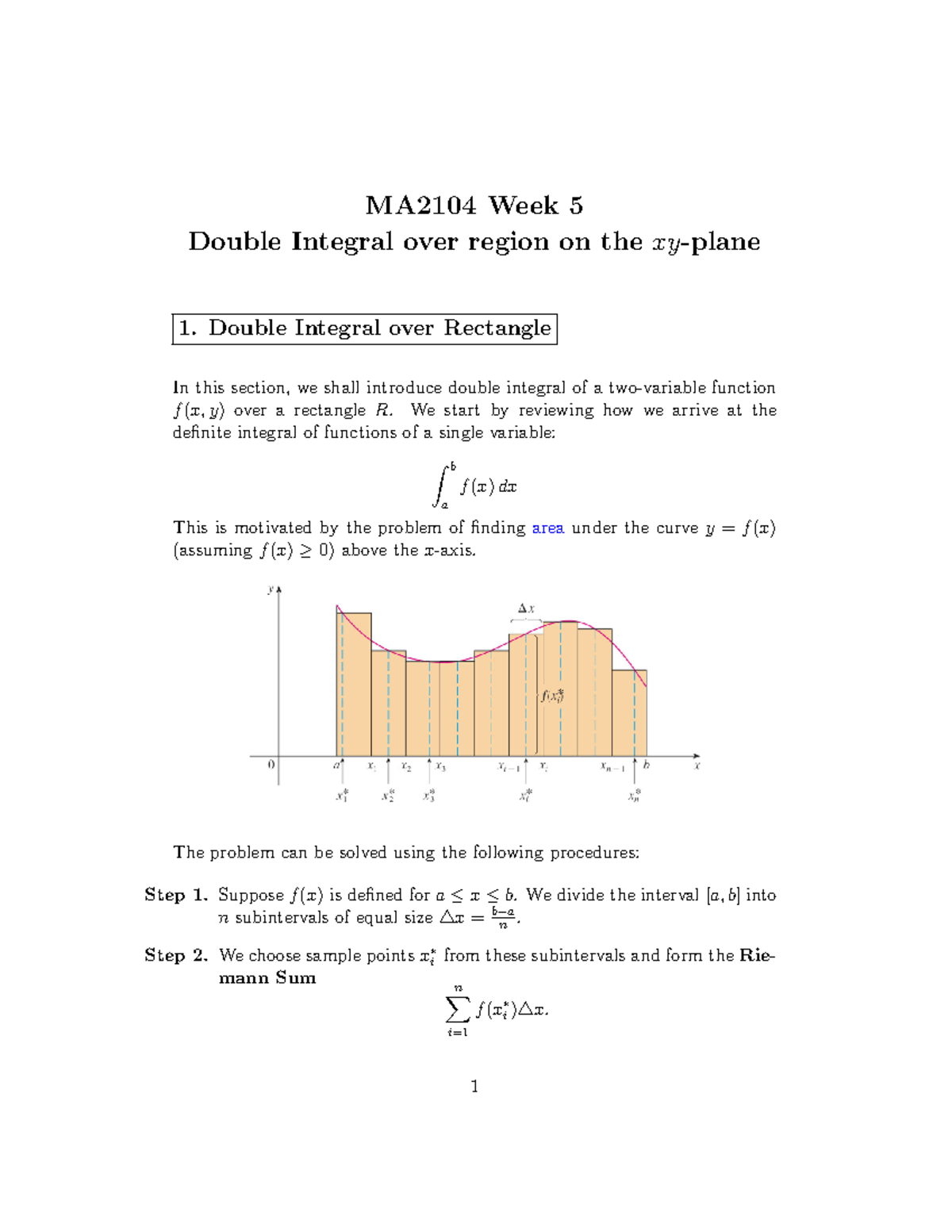 Week 05 notes 2022 - MA2104 Week 5 Double Integral over region on the ...