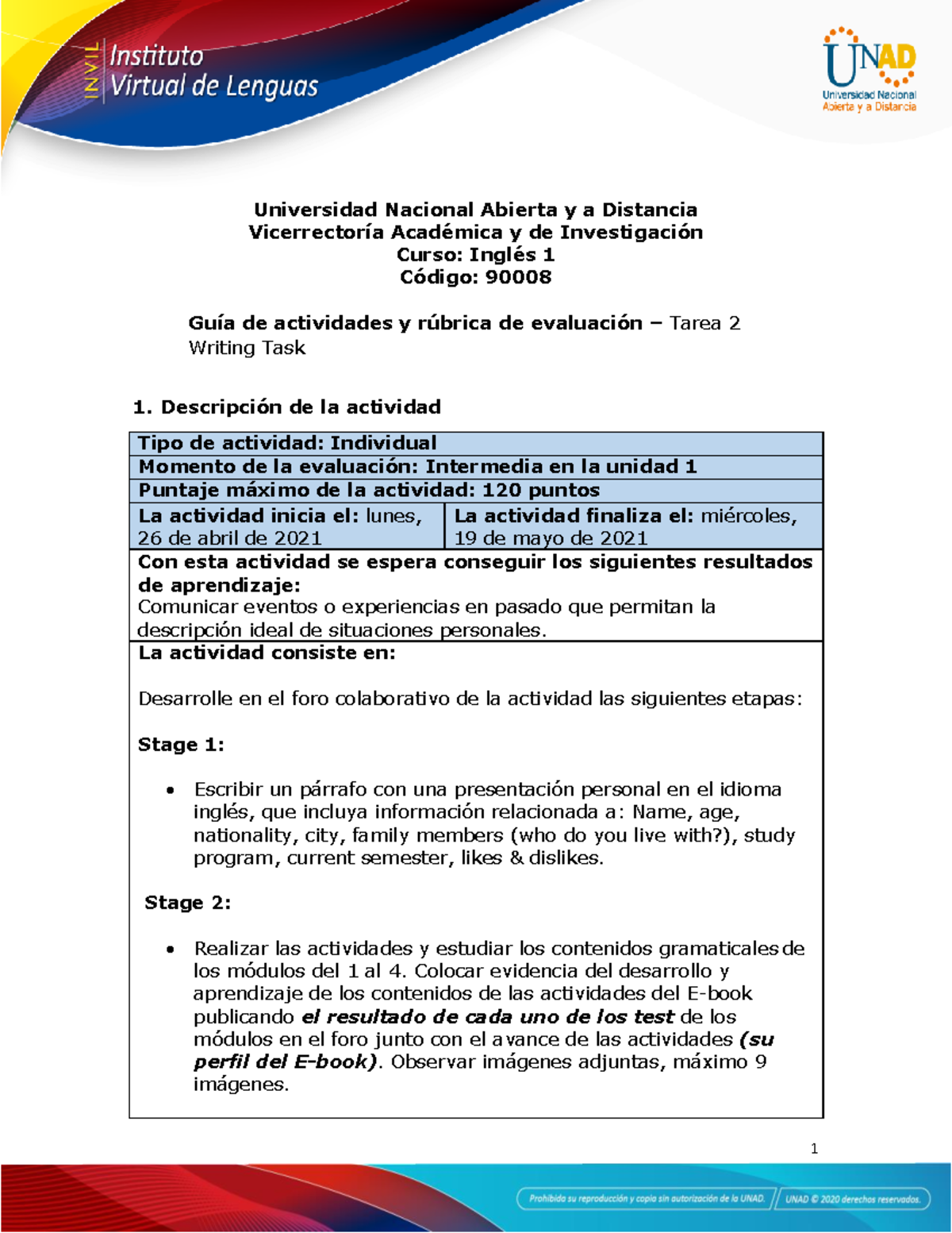 Guia de actividades Unit 1 - Task 2 - Writing Task- Universidad Nacional Abierta y a Distancia ...