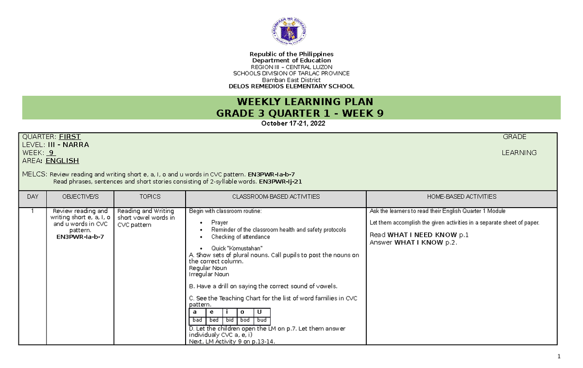 WLP GR3 WK9 Q1 - weekly home learning plan - Republic of the ...
