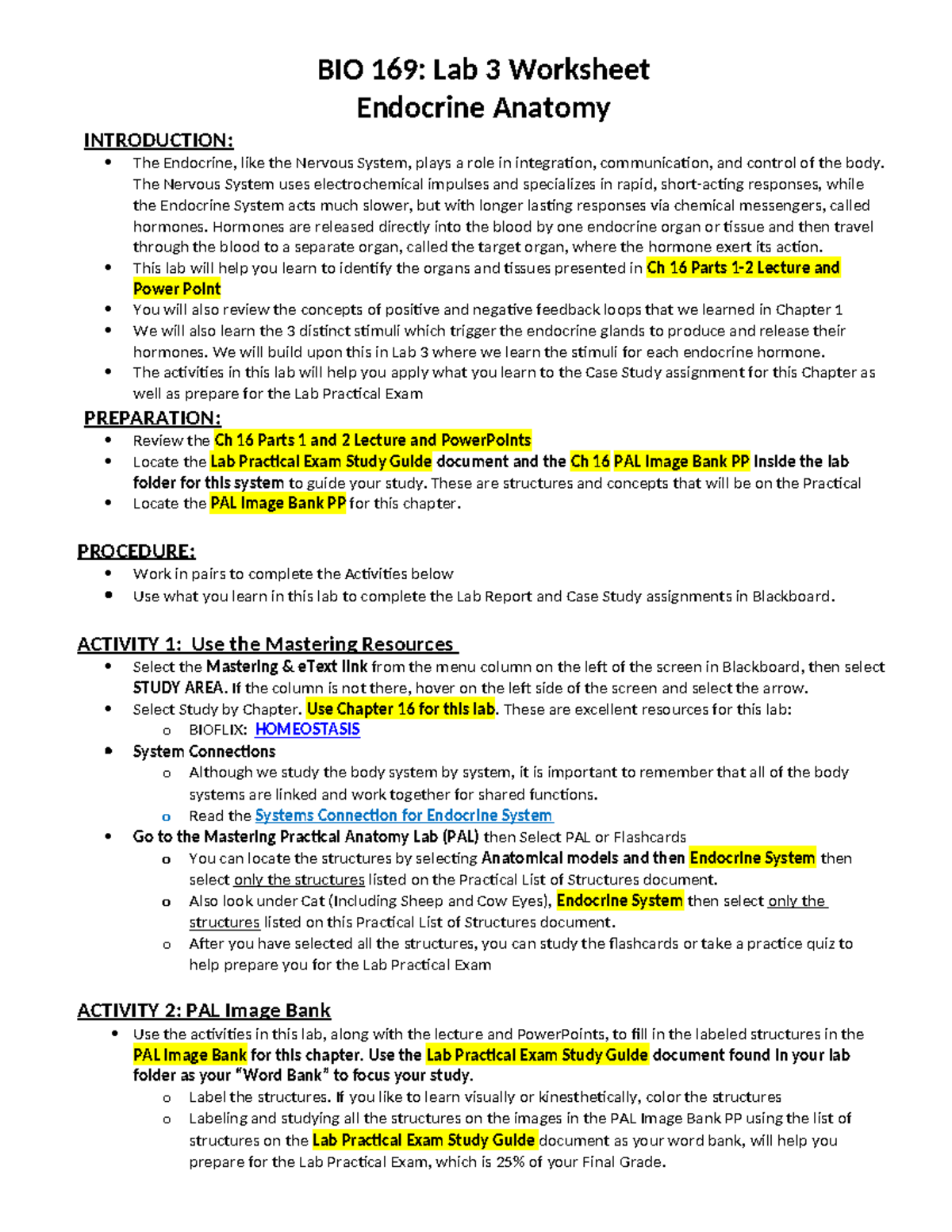 BIO 169 Lab 03 Worksheet Endocrine Anatomy - Tagged - BIO 169: Lab 3 Worksheet Endocrine Anatomy ...