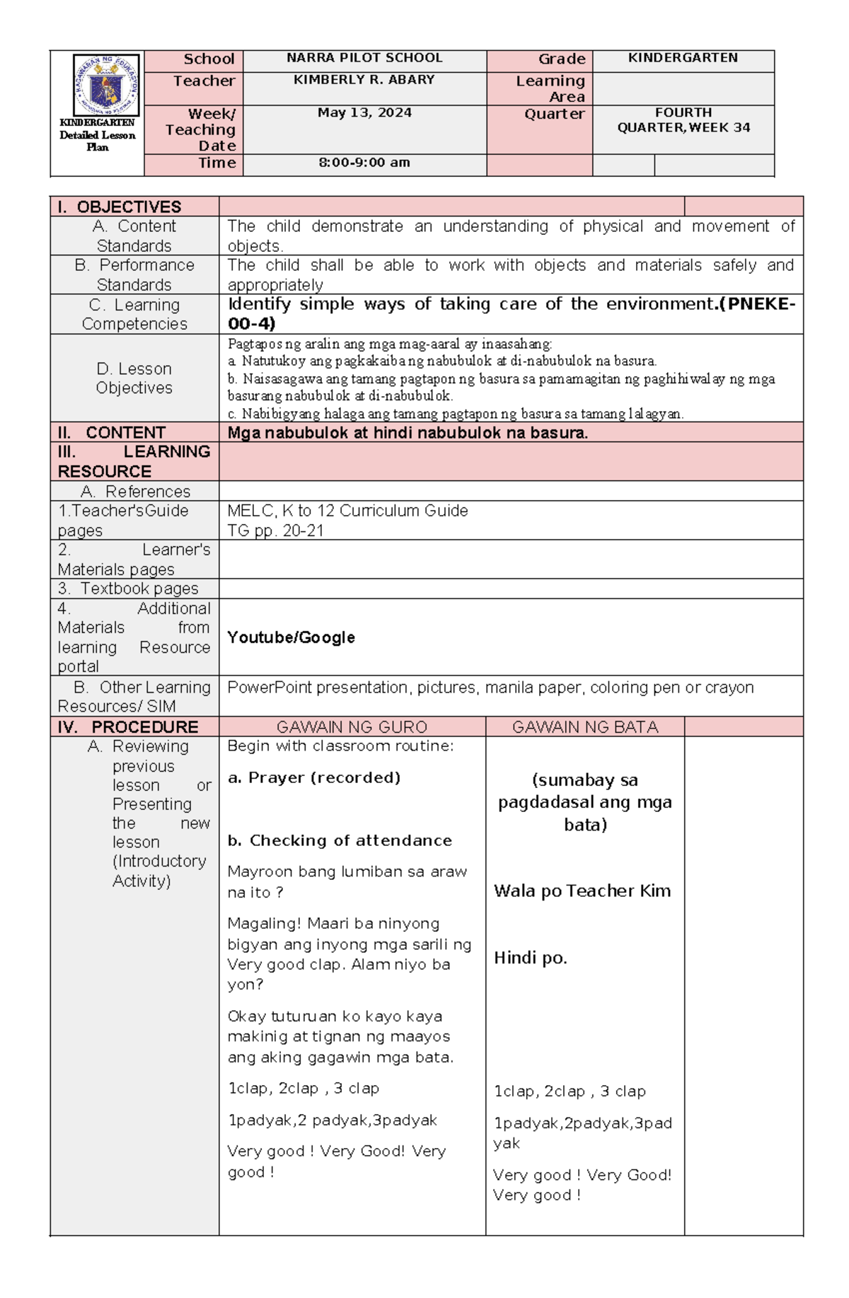Kindergarten demo - KINDERGARTEN Detailed Lesson Plan School NARRA ...
