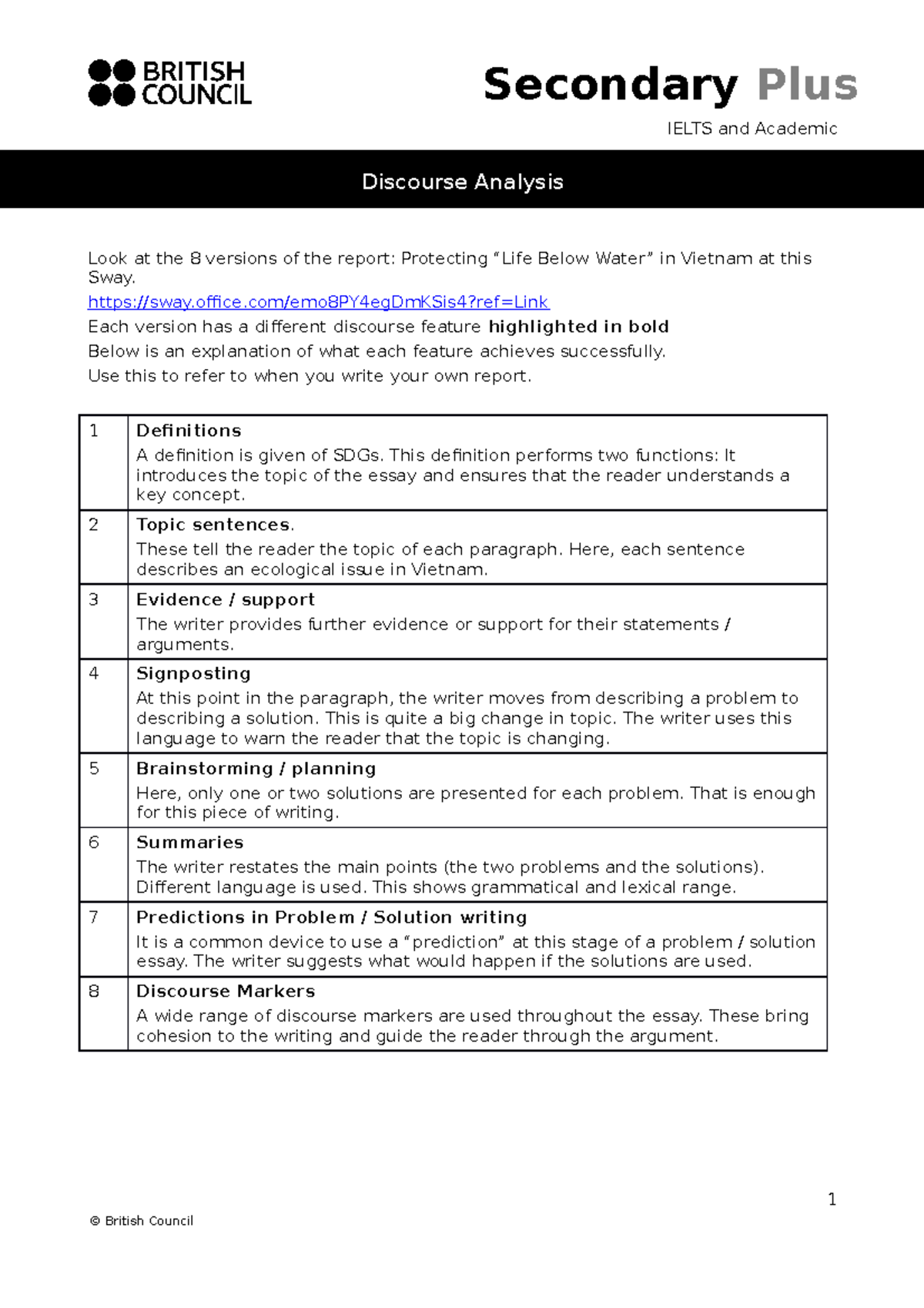 01. Report Discource Features Ss reference - Secondary Plus Discourse ...