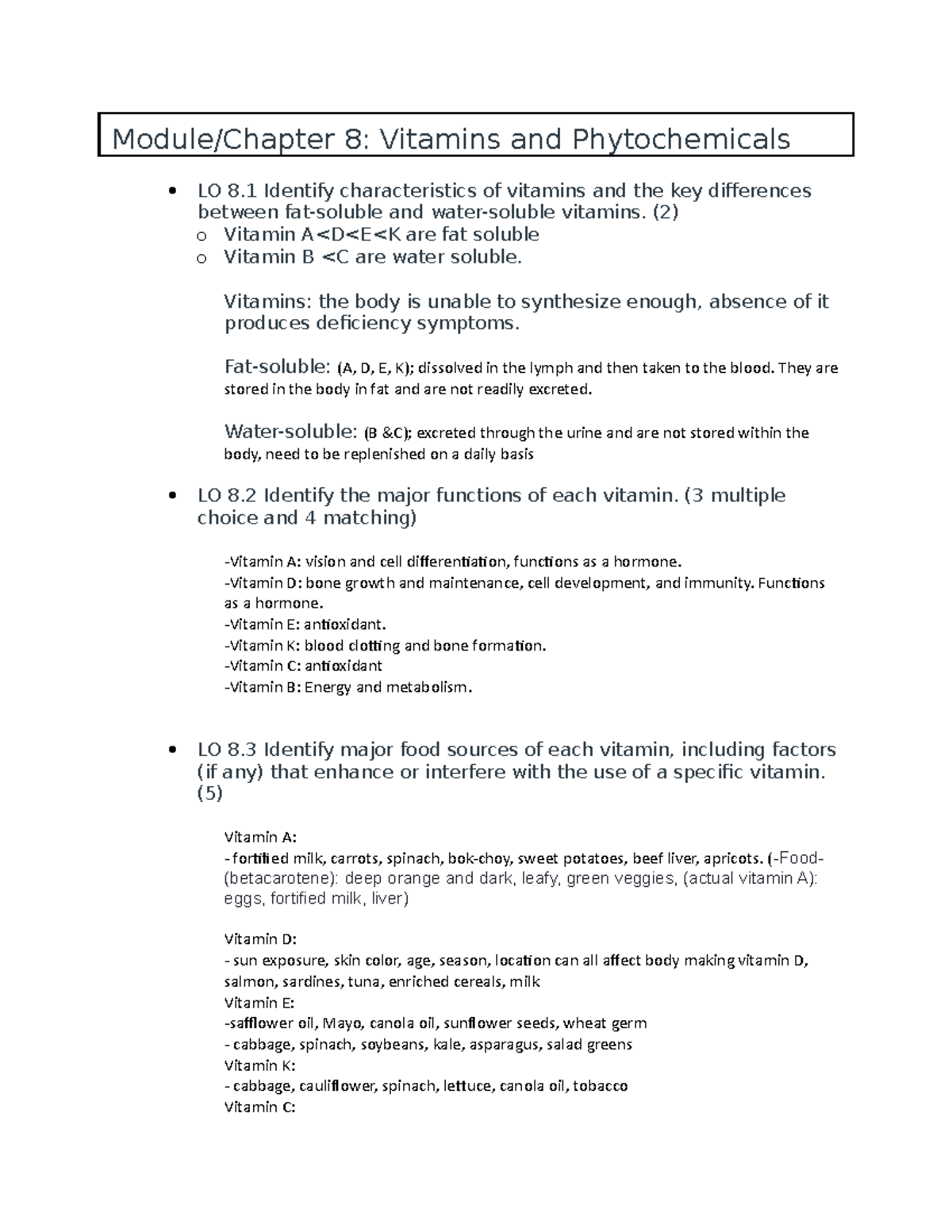 Study Guide #3 - Module/Chapter 8: Vitamins and Phytochemicals LO 8 ...