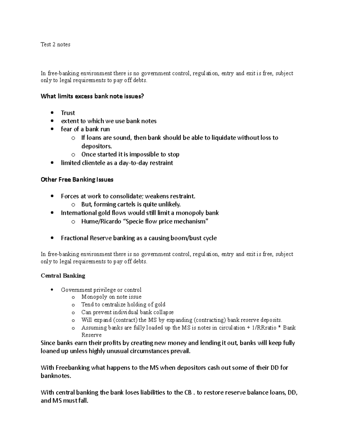 Banking test 2 notes - Test 2 notes In free-banking environment there ...