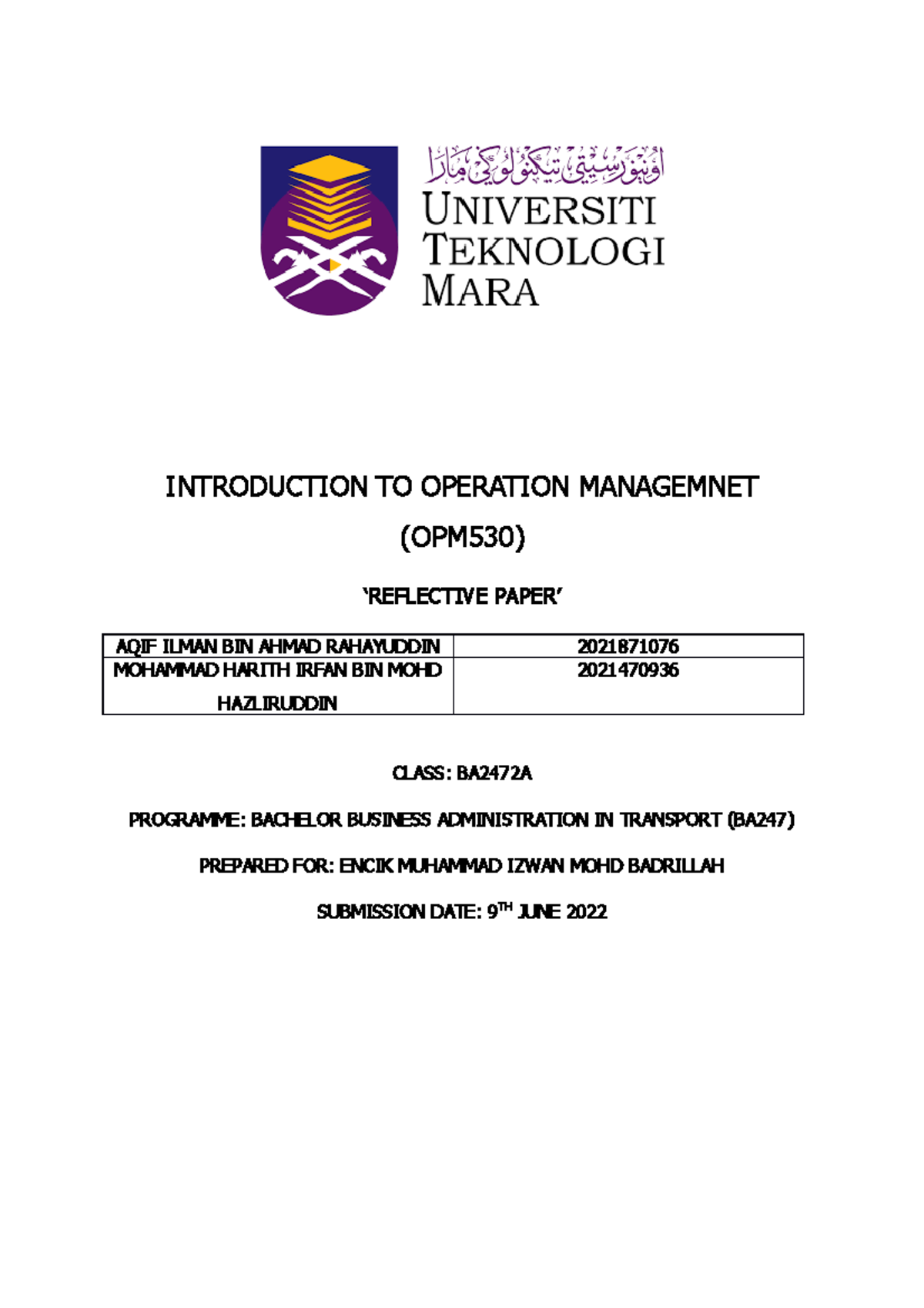 Reflective Paper OPM - opm - INTRODUCTION TO OPERATION MANAGEMNET (OPM ...