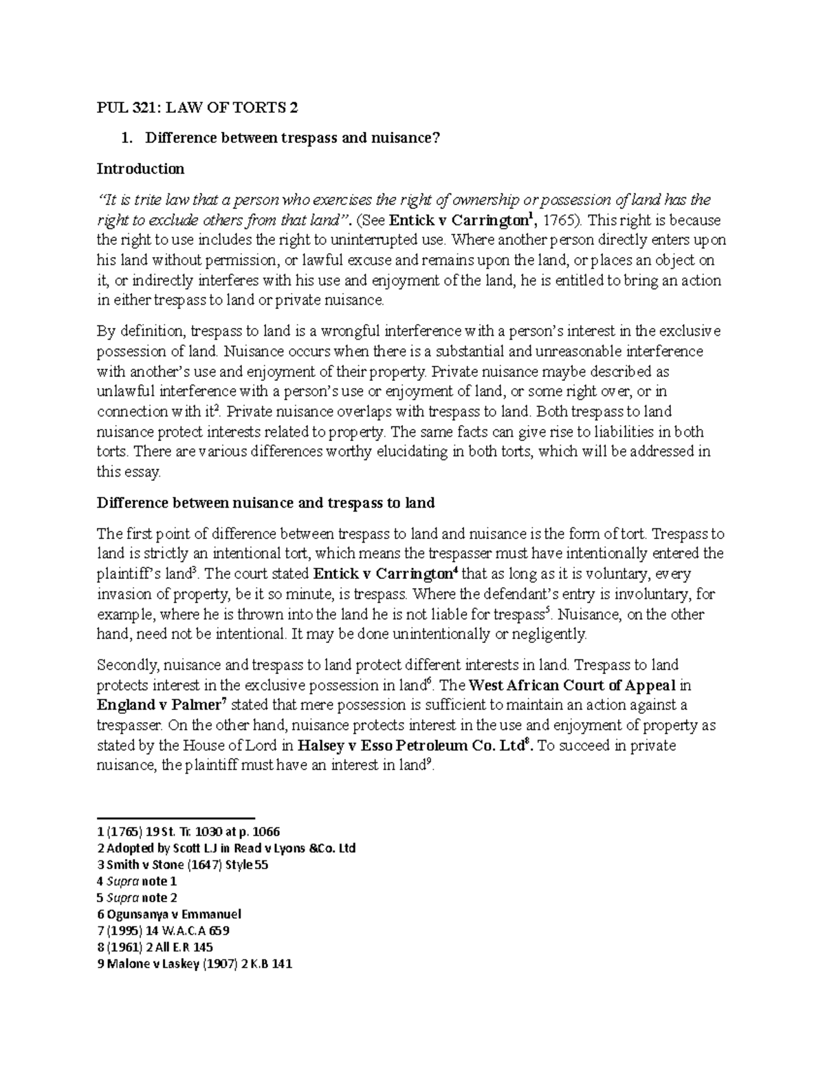 PUL 321 Law of Torts 2 - PUL 321: LAW OF TORTS 2 Difference between ...