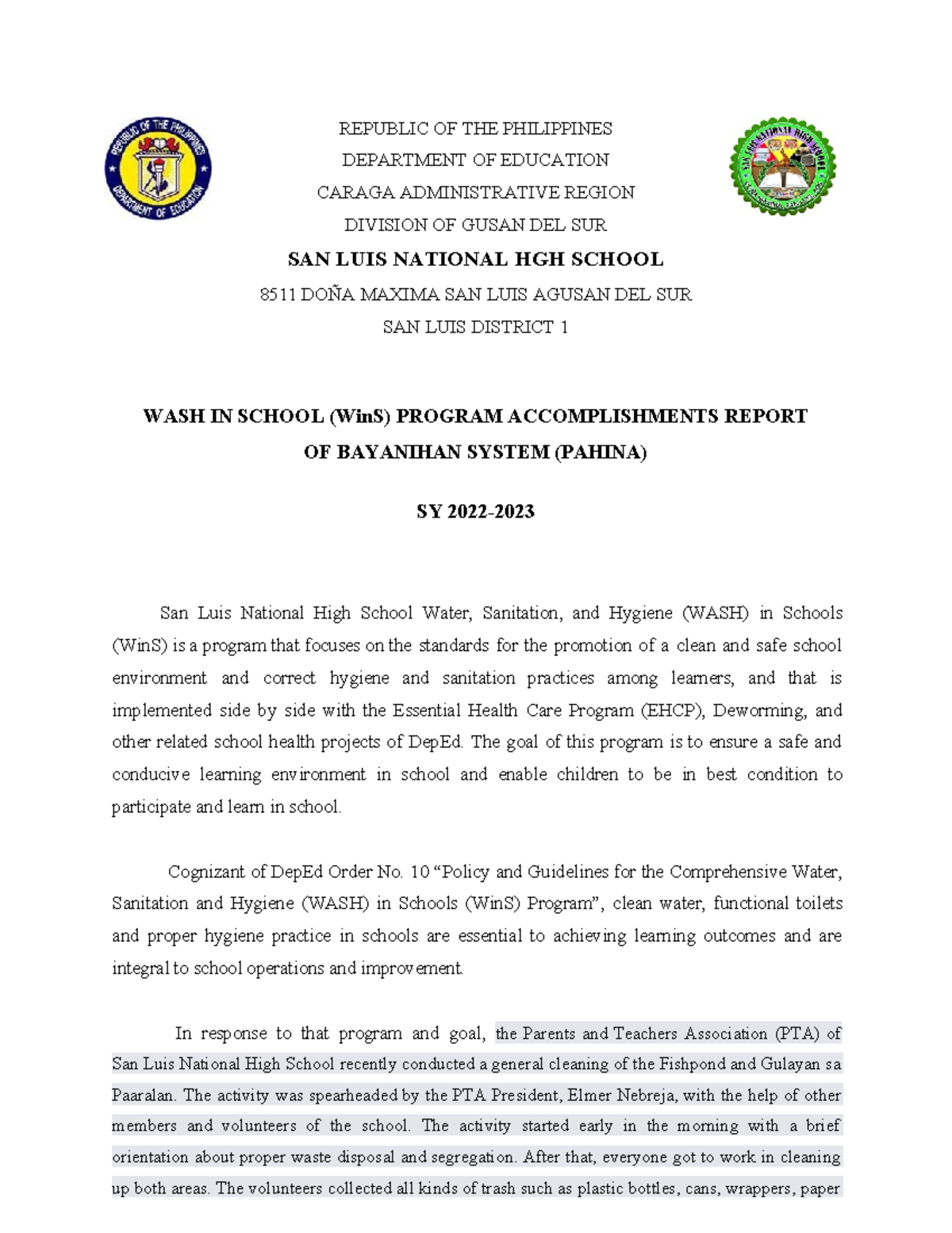 Accomplishment Report - REPUBLIC OF THE PHILIPPINES DEPARTMENT OF ...