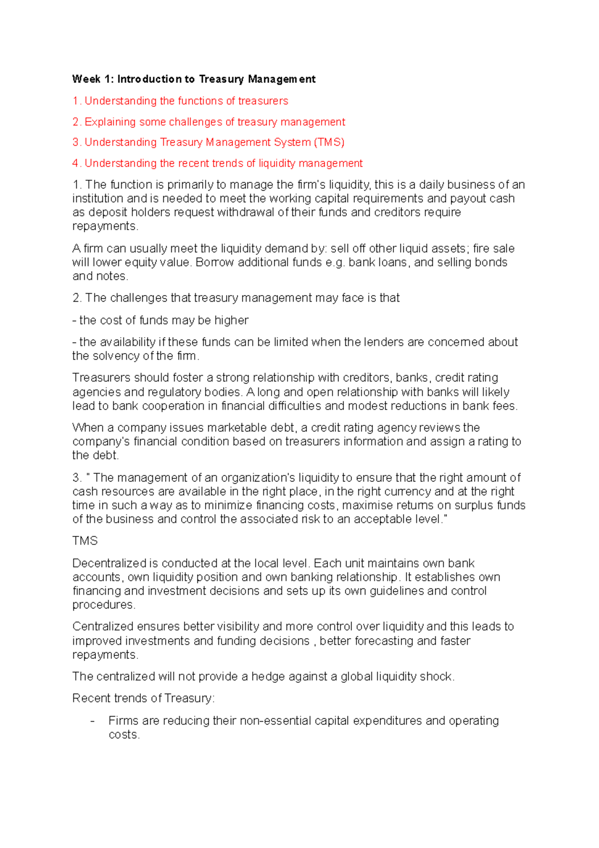 Econ101 Treasury Sample Summaries - Week 1: Introduction to Treasury ...