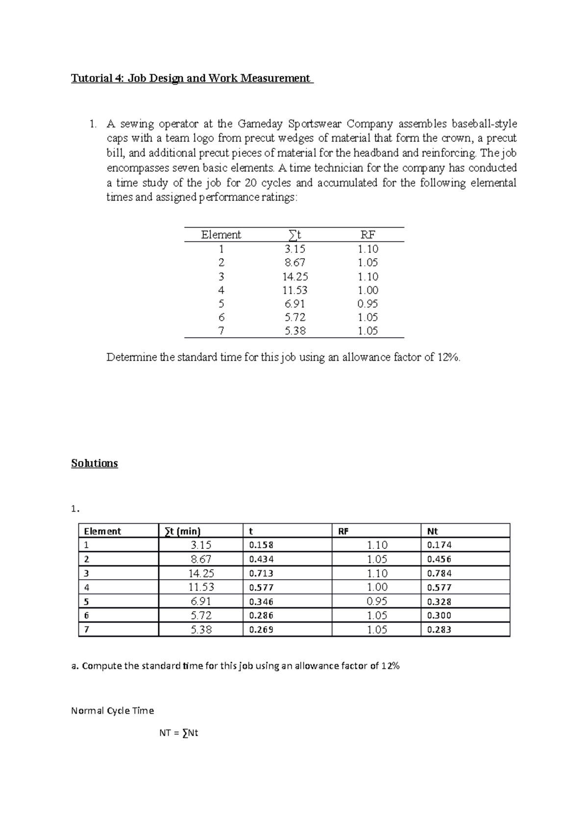 Tutorial 4 Job Design and Workd Measurement and solutions - Tutorial 4 ...