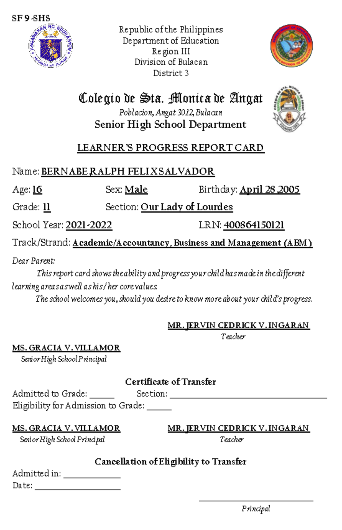 Bernabe, Ralph Felix Salvador - SF 9-SHS Republic of the Philippines ...