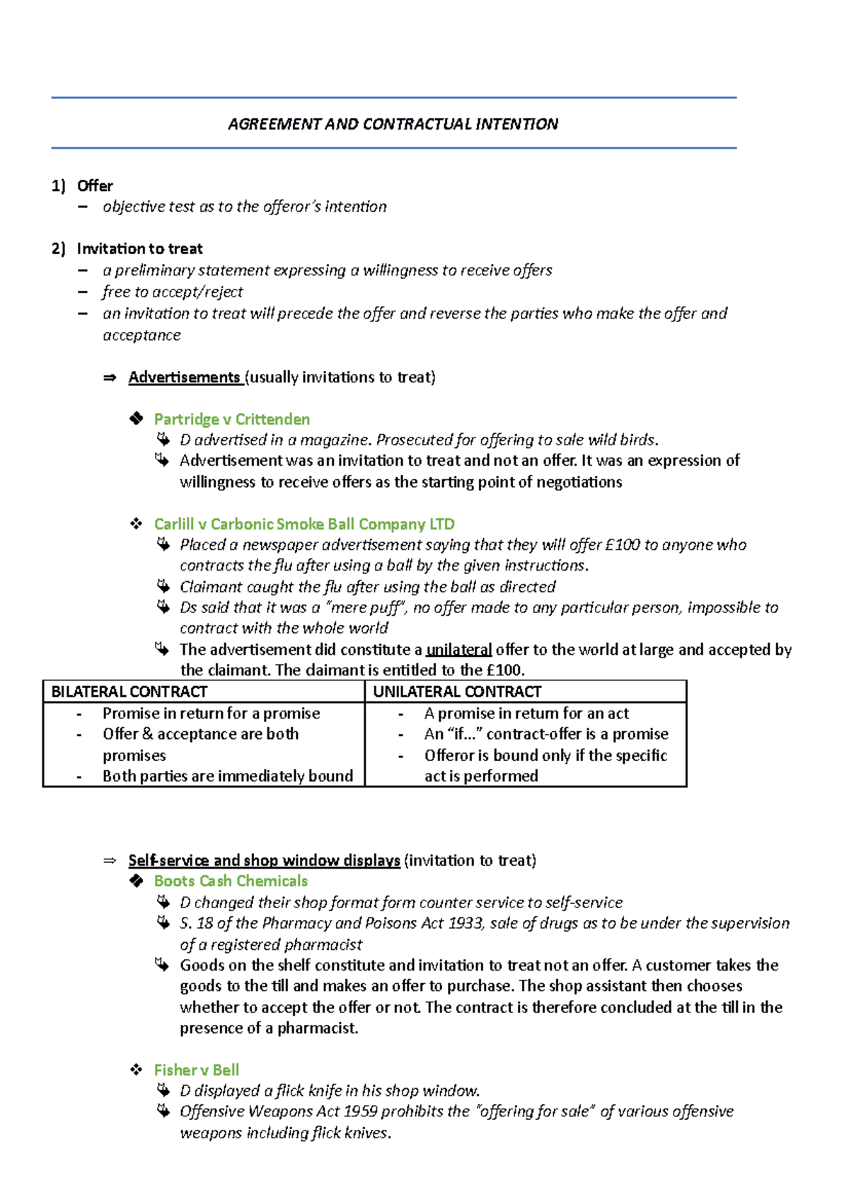 Contract - AGREEMENT AND CONTRACTUAL INTENTION 1) Offer objective test ...