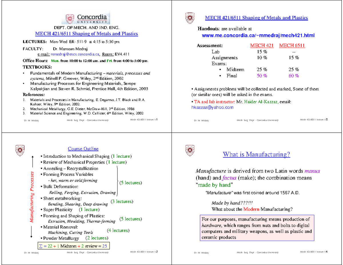 Lecture 1 introduction MECH 421 - Dr. M. Medraj Mech. Eng. Dept. - Concordia University Mech ...
