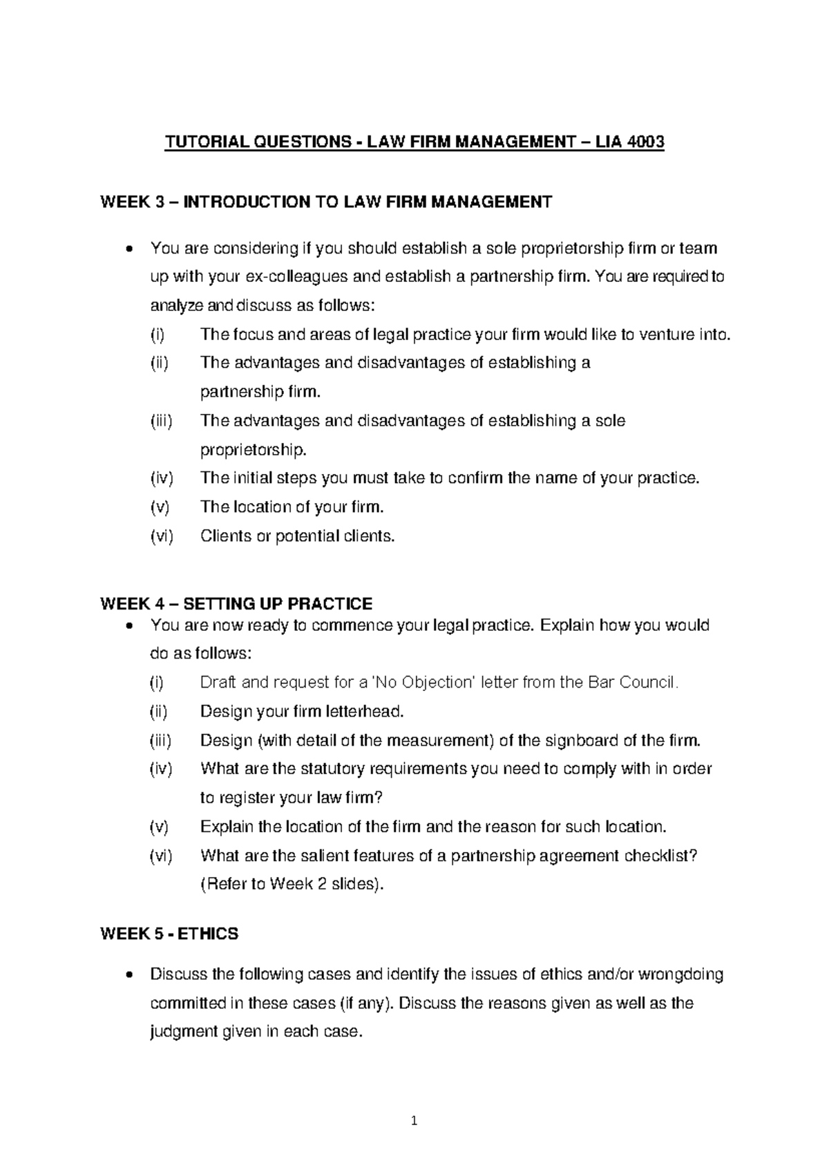 Tutorial Questions - Grade: A - TUTORIAL QUESTIONS - LAW FIRM ...