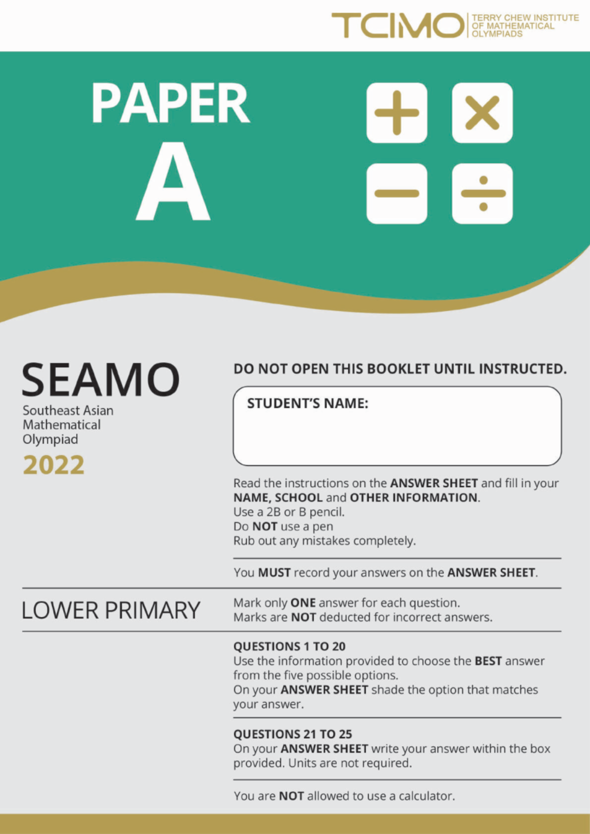 Paper-a-2022 - na thanks - SEAMO 20 22 Paper A 1 1. Find the value of 9 ...