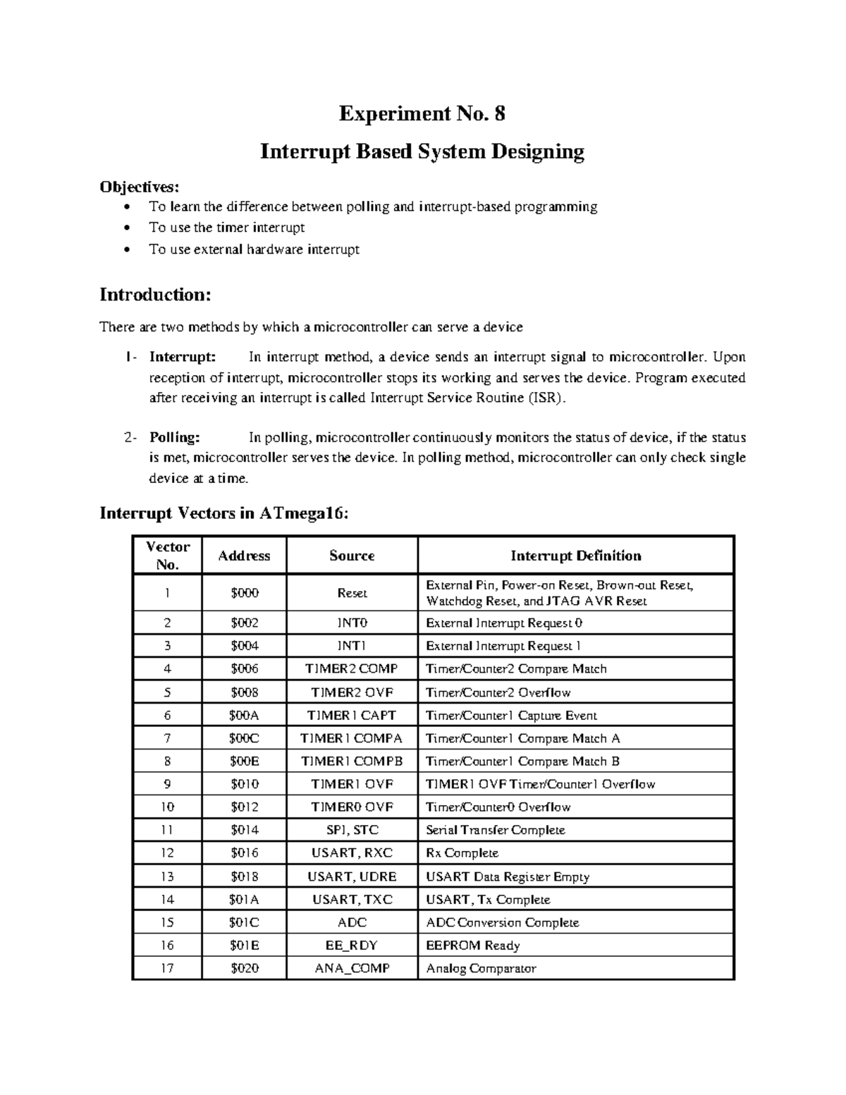 Lab8 interrupt - Experiment No. 8 Interrupt Based System Designing Objectives: • To learn the ...