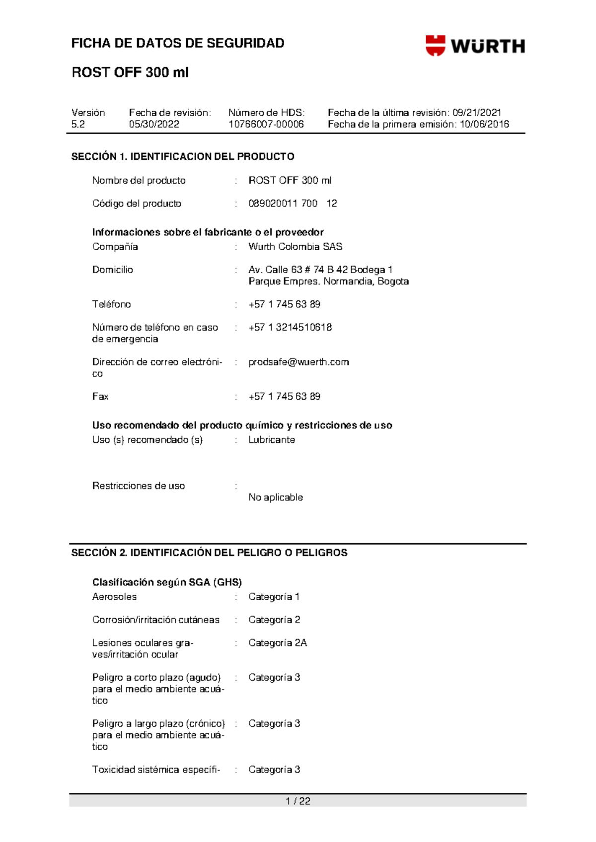 ROST OFF Ficha DE Seguridad - ROST OFF 300 ml Versión 5. 2 Fecha de ...