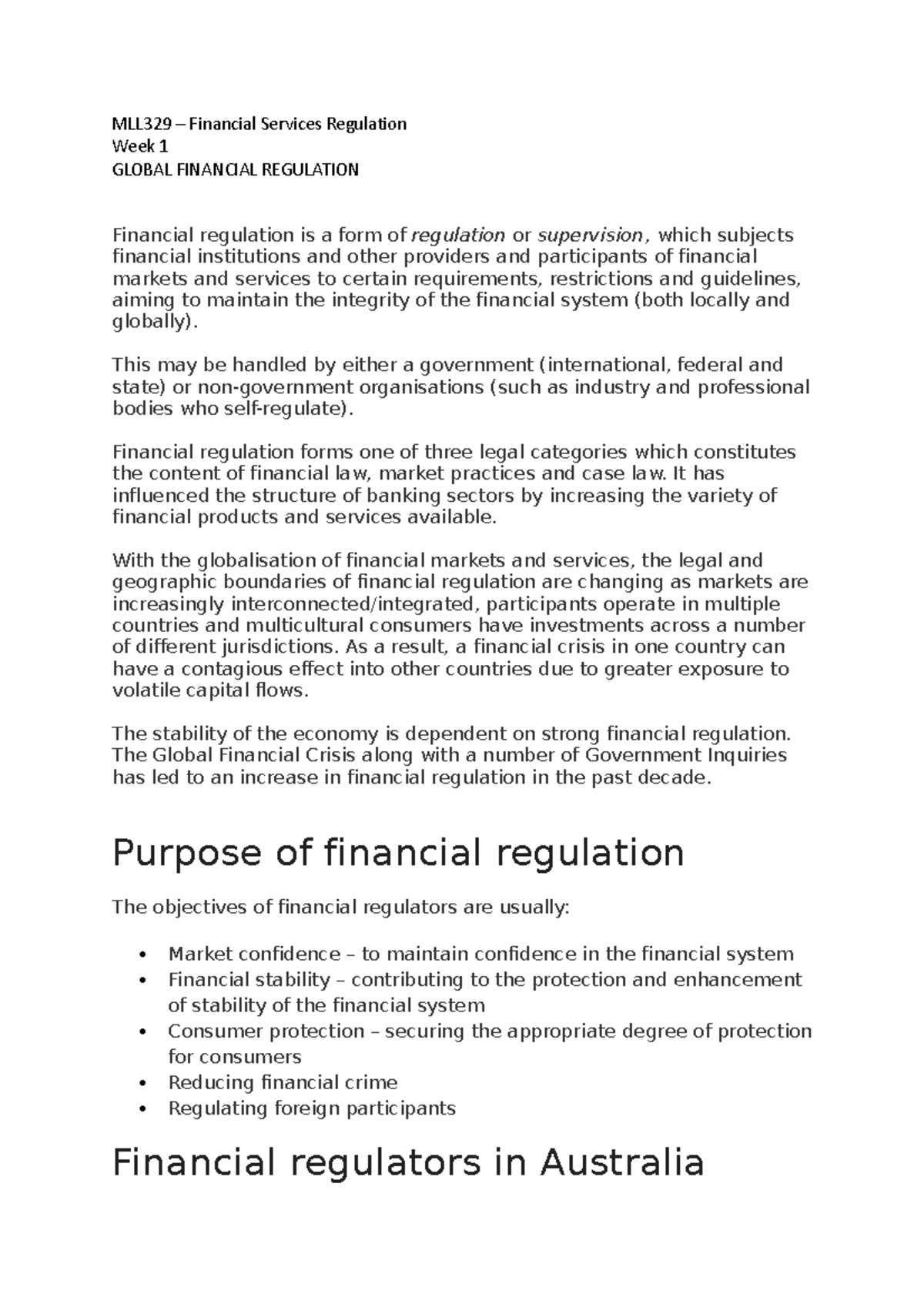 MLL329 week 1 - GLOBAL FINANCIAL REGULATION - MLL329 – Financial ...