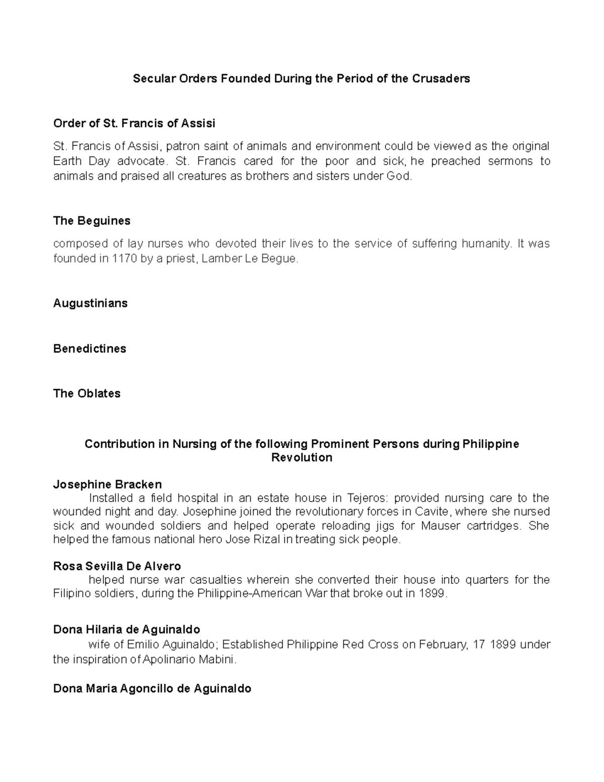 Contributions - Secular Orders Founded During the Period of the ...