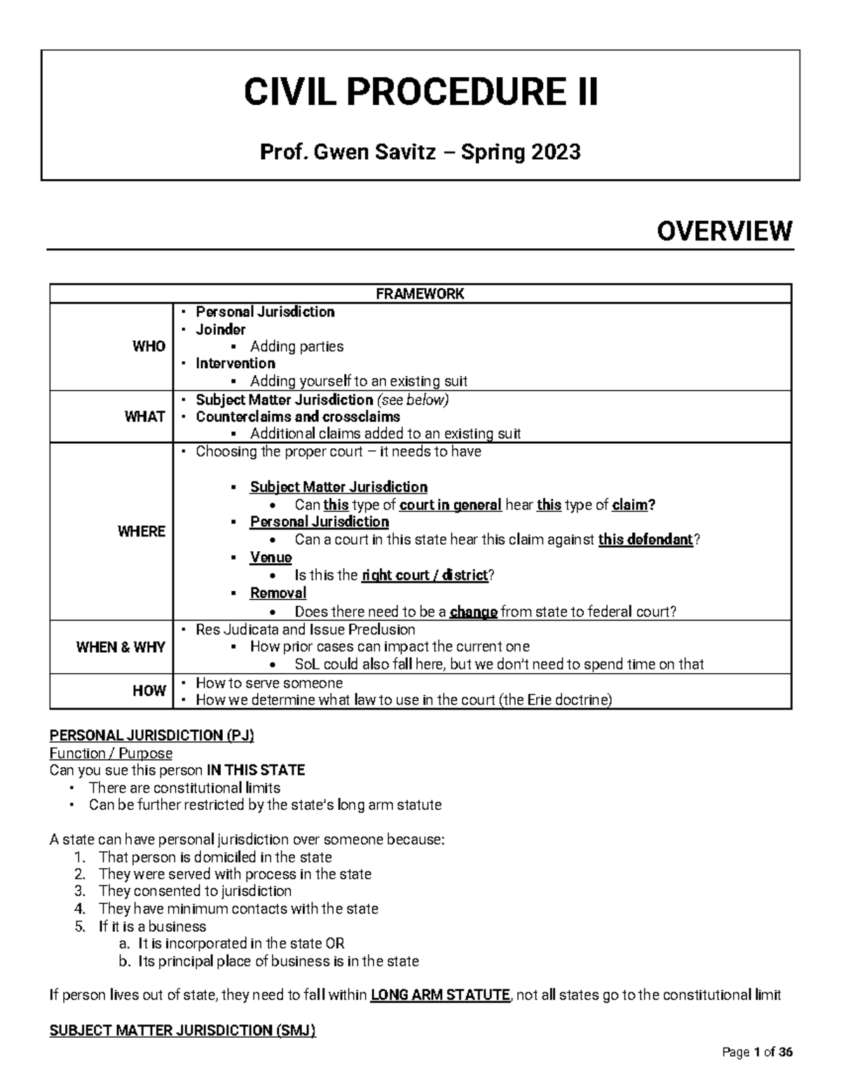 Savitz Civ Pro II Spring 2023 - CIVIL PROCEDURE II Prof. Gwen Savitz ...
