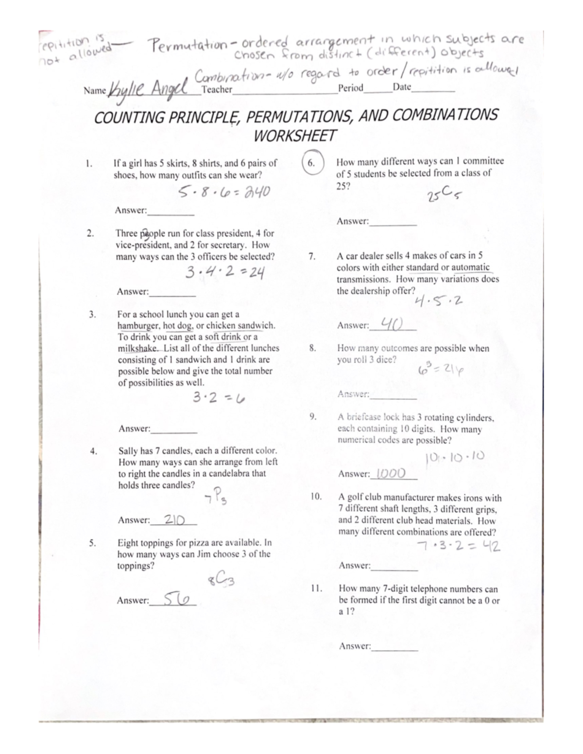 Counting, Permutations, And Combinations Worksheet - BUS 205 - Studocu