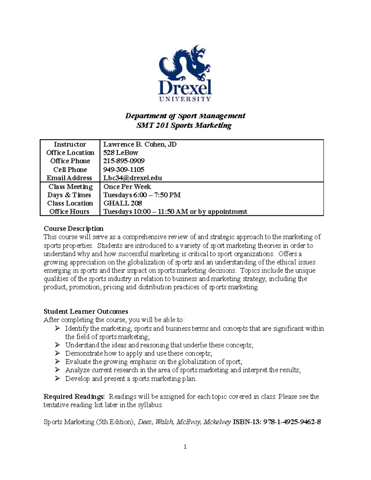 SMT201 Sports Marketing Syllabus - Department of Sport Management SMT ...