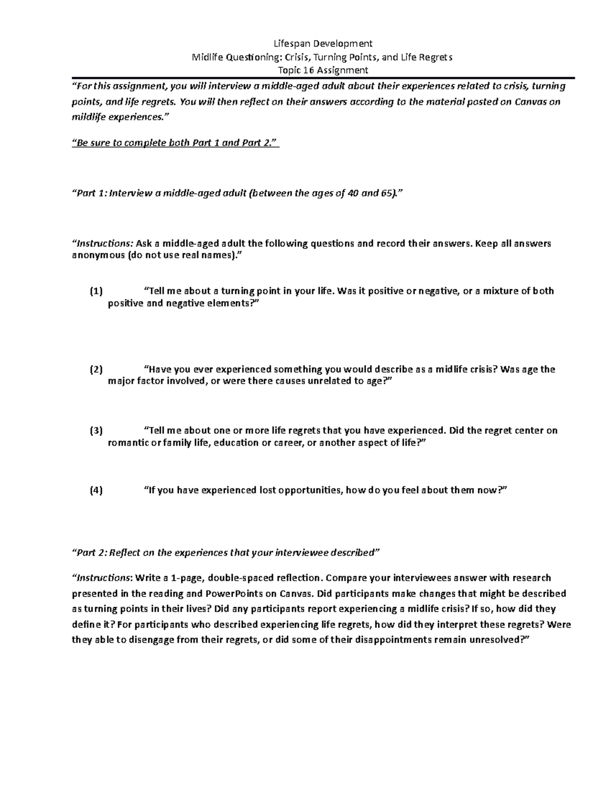 Topic 16. Assignment - lifespan development psychology - Lifespan Development Midlife ...