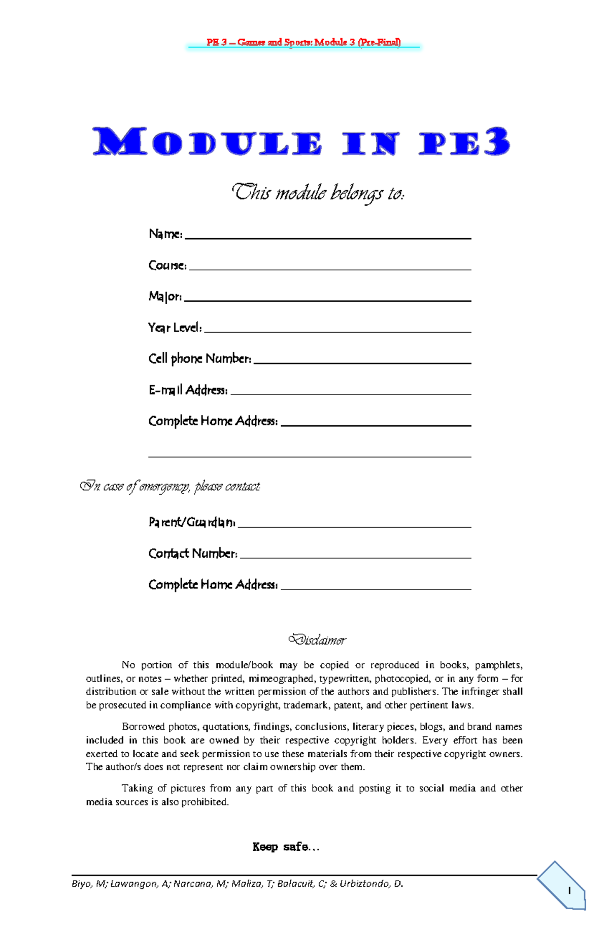 Module 3 IN PE 3 Prefinal - Biyo, M; Lawangon, A; Narcana, M; Maliza, T; Balacuit, C; & - Studocu