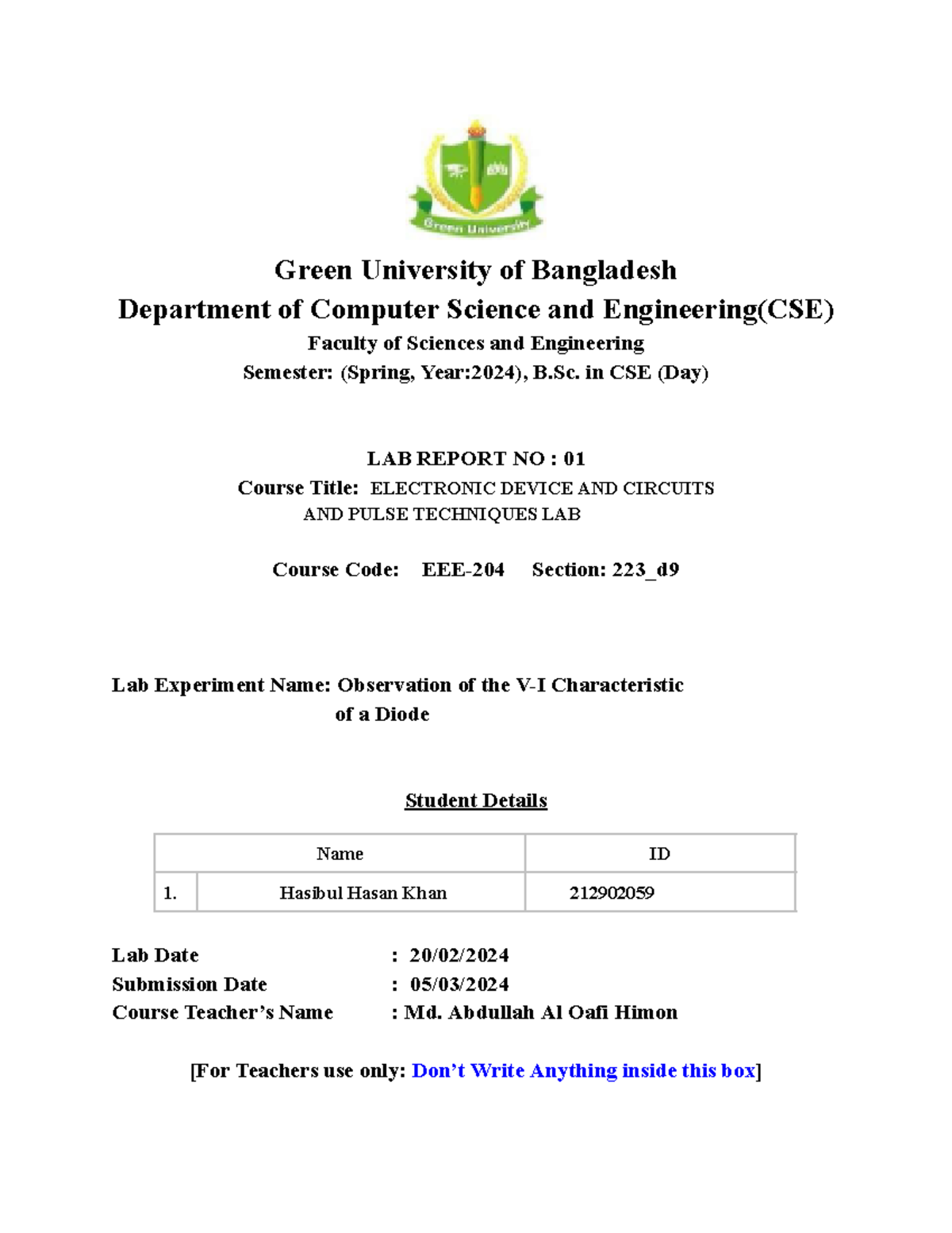 EEE lab 01 - Green University of Bangladesh Department of Computer Science and Engineering(CSE ...