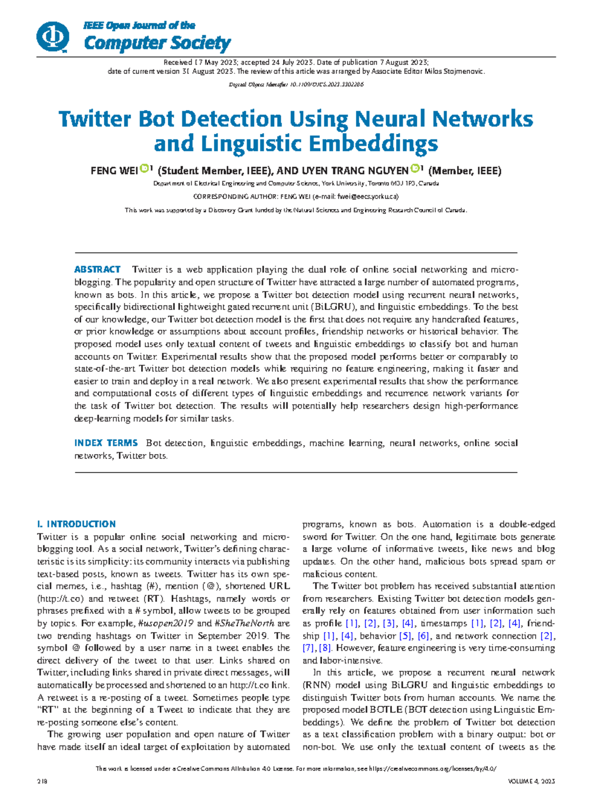 Twitter Bot Detection Using Neural Networks And Linguistic Embeddings 0127
