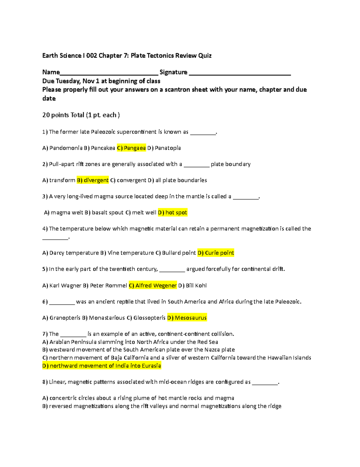 ES Ch 7 Quiz - Chapter 7 Quiz/Answers - Earth Science I 002 Chapter 7 ...
